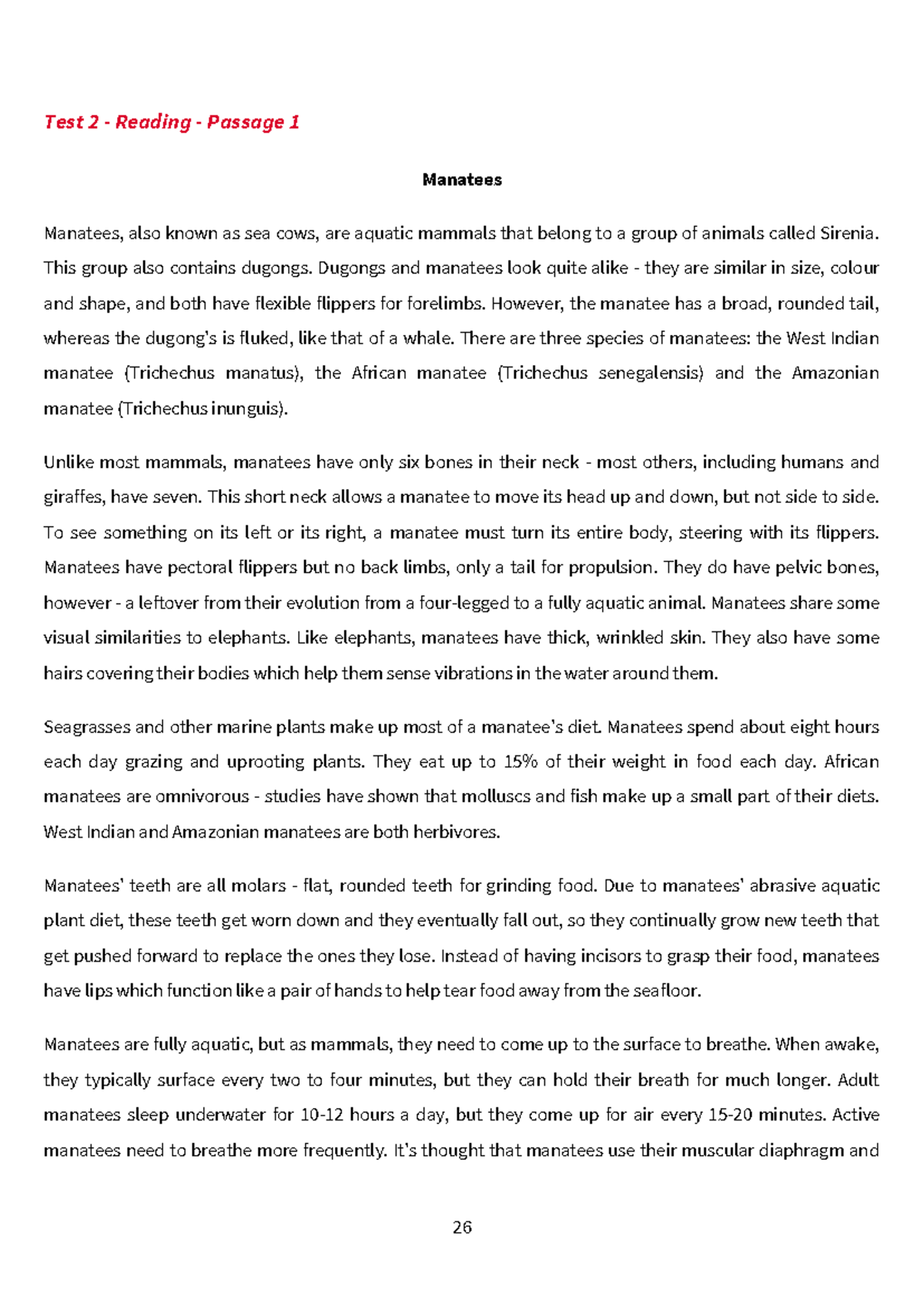 Cambridge 20 Test 2 Reading Passages: Manatees, Procrastination & ABS ...