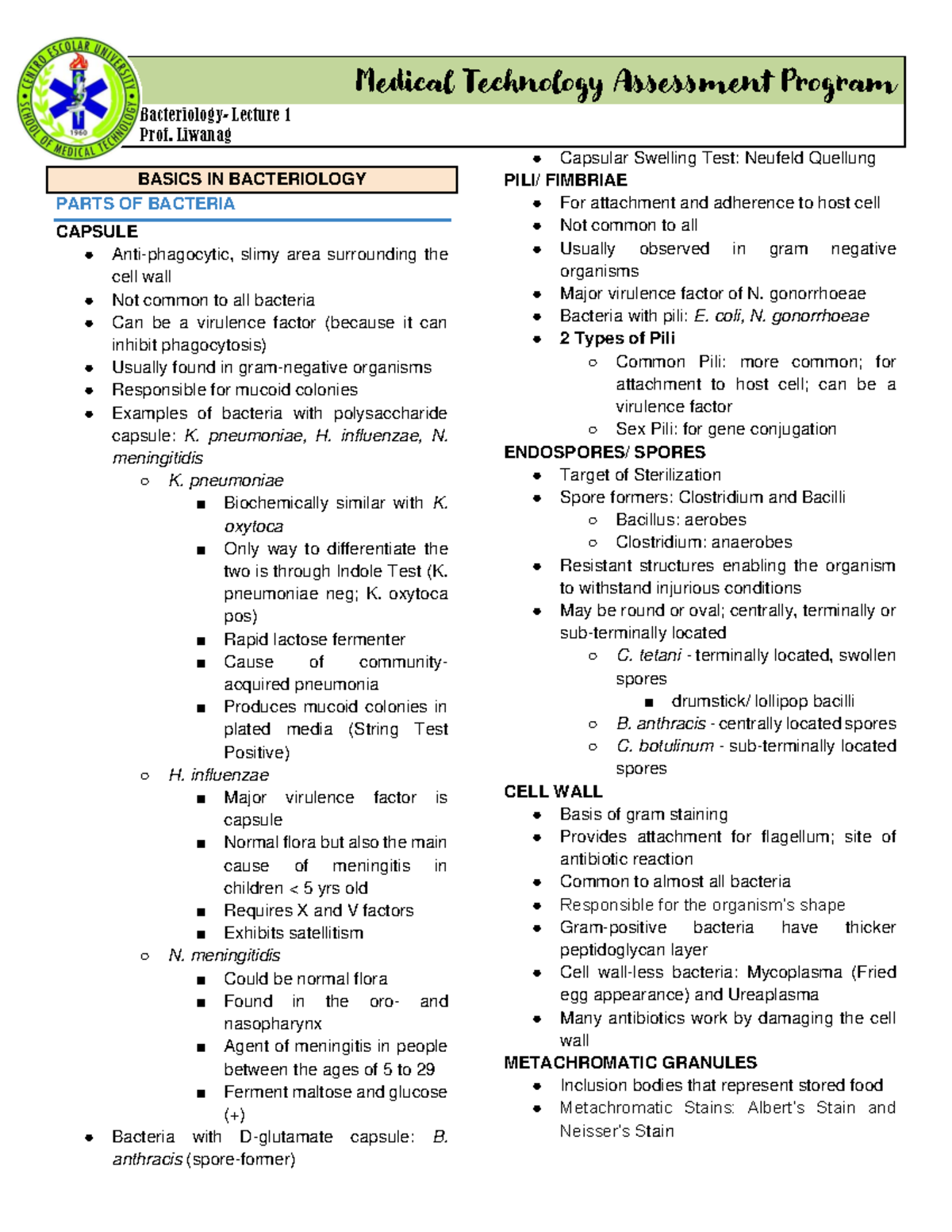 Medical Technology Assessment Program Lecture 1: Basics in Bacteriology ...
