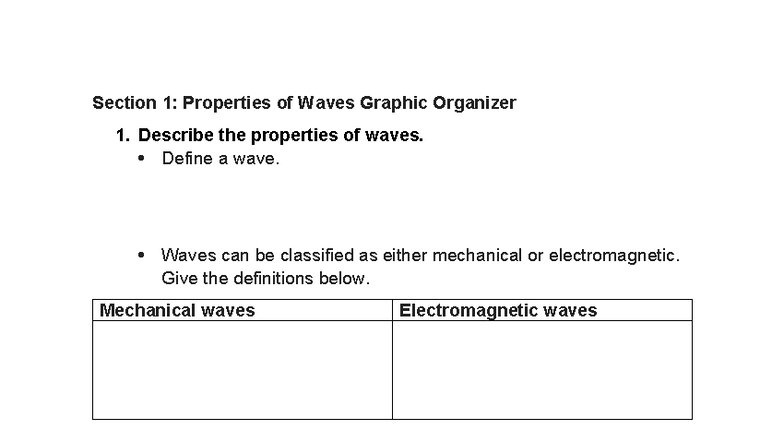 Section 1: Lesson 10-12 Properties of Waves Graphic Organizer - Studocu