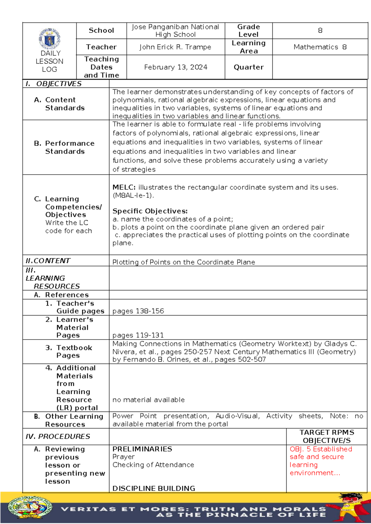 DAILY LESSON LOG: 8th Grade Math on Coordinate Plane - Studocu