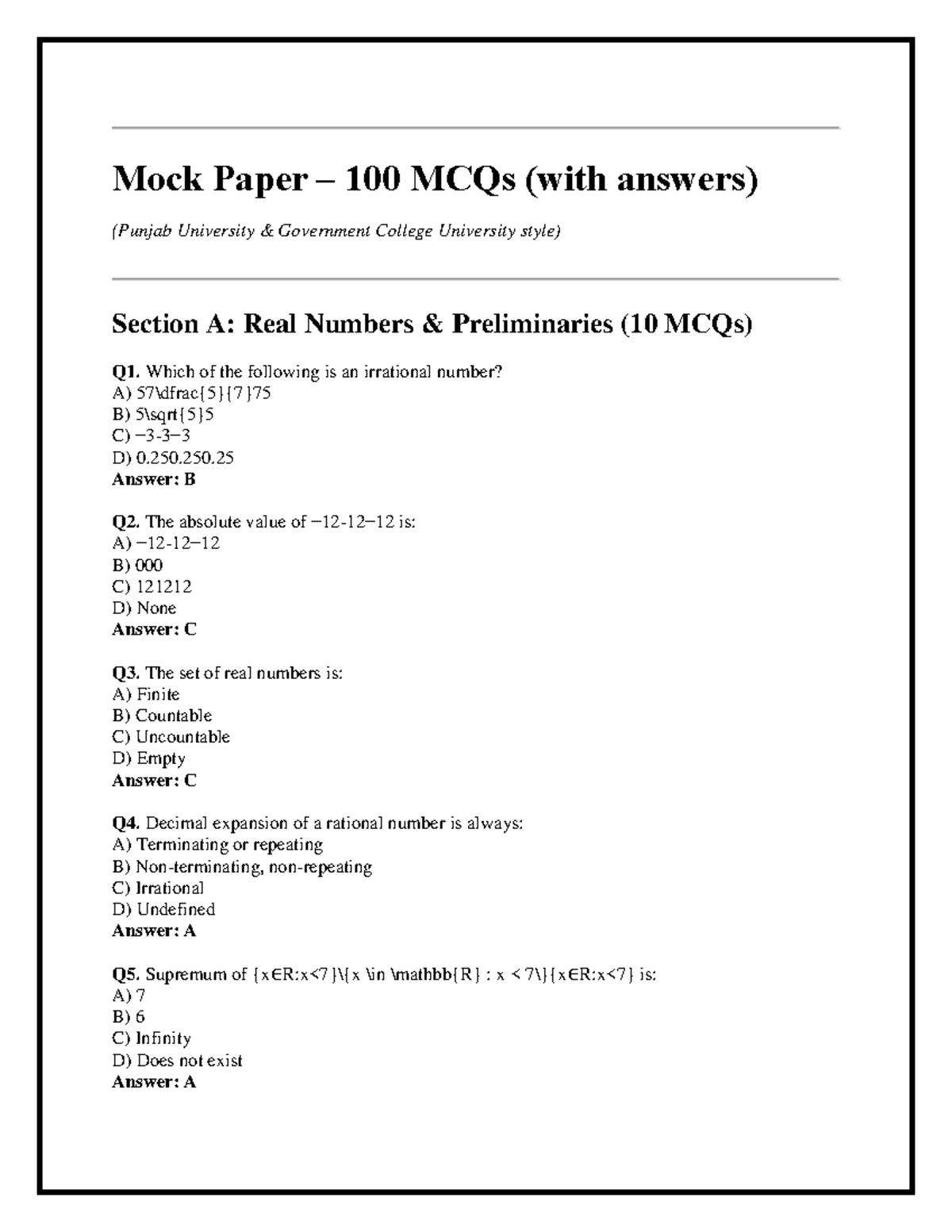 Basic Calculus 100 MCQs with Answers (Punjab University Style) - Studocu