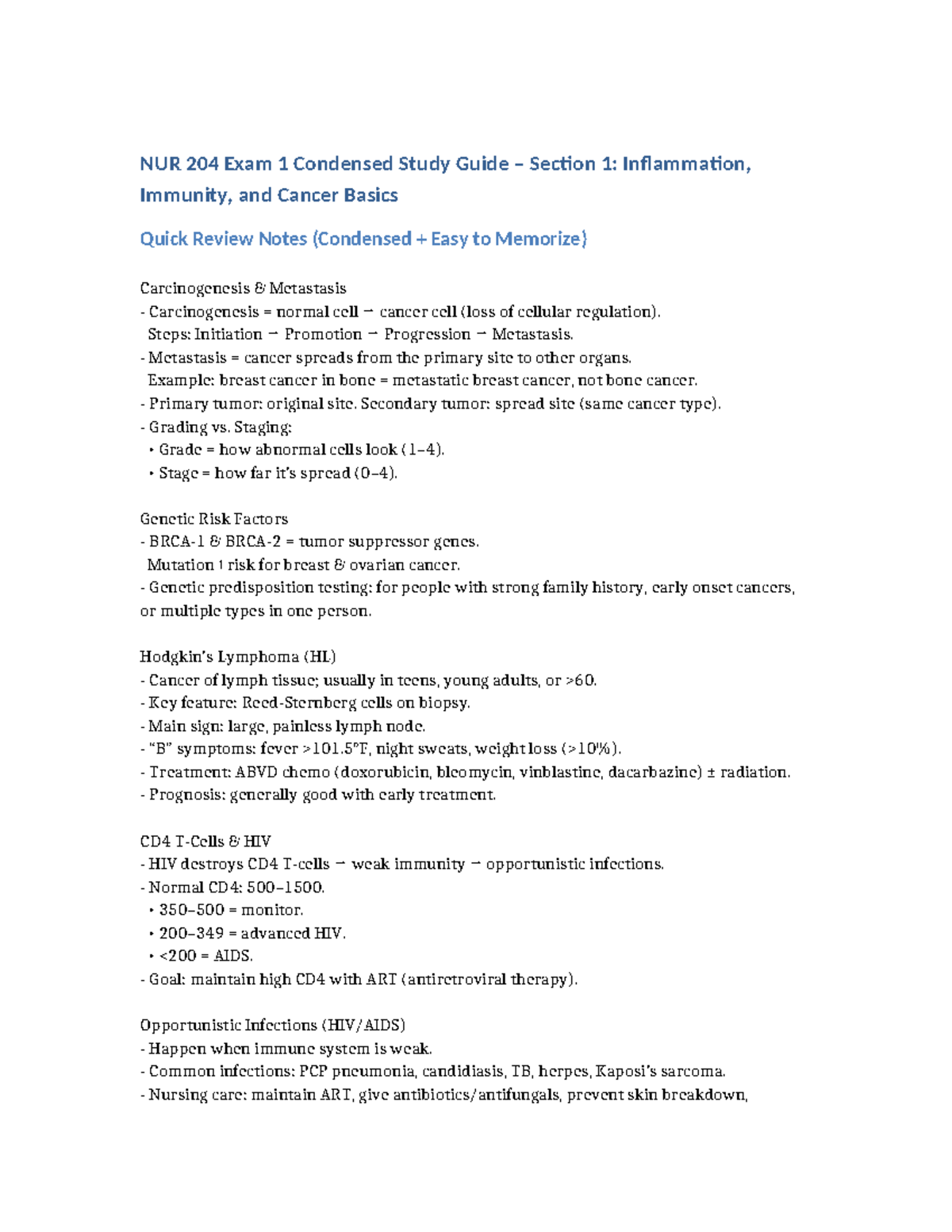 NUR 204 Exam 1 Condensed Study Guide: Inflammation, Immunity & Cancer ...