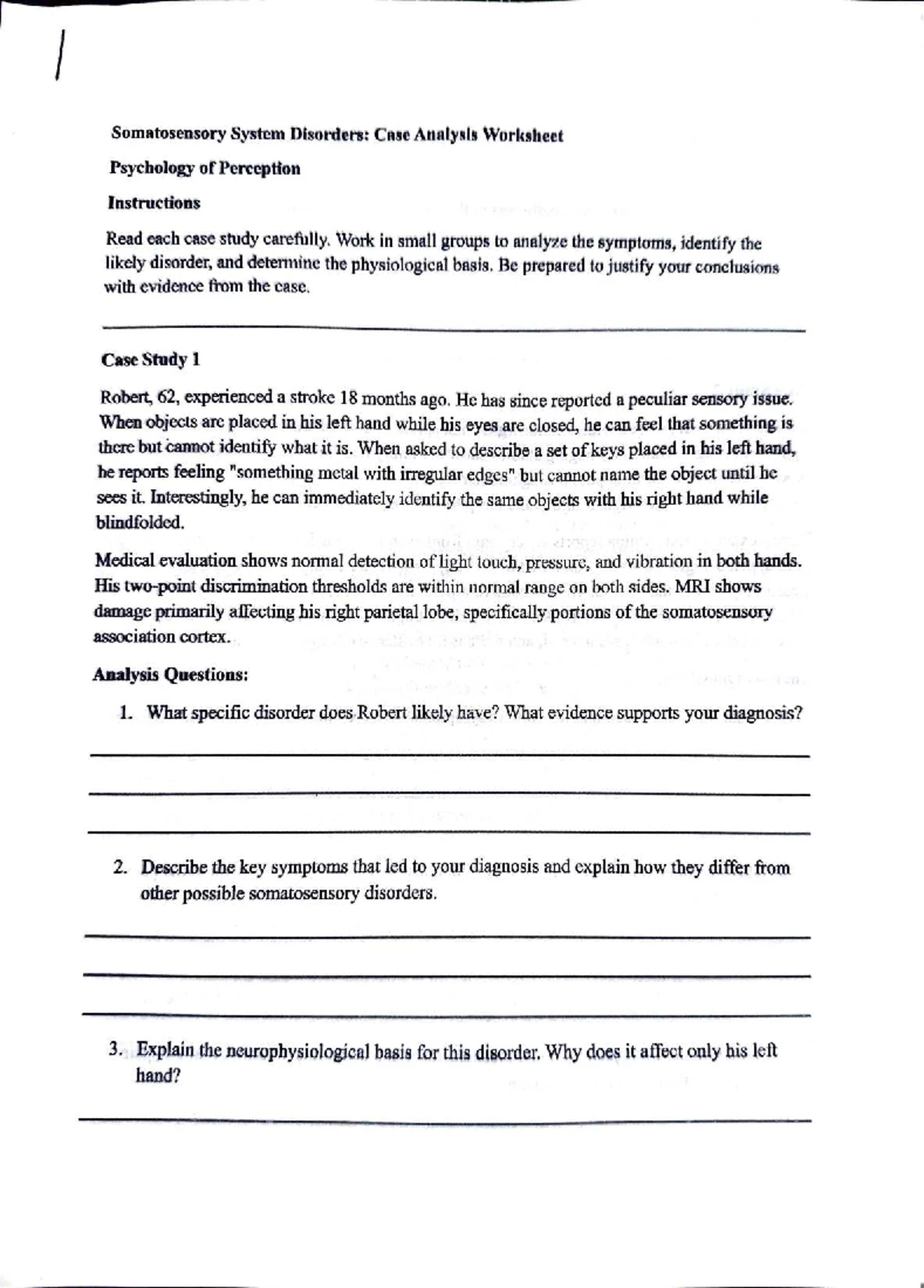 Gustation Disorders: Case Studies Analysis Worksheet (PSY 101) - Studocu