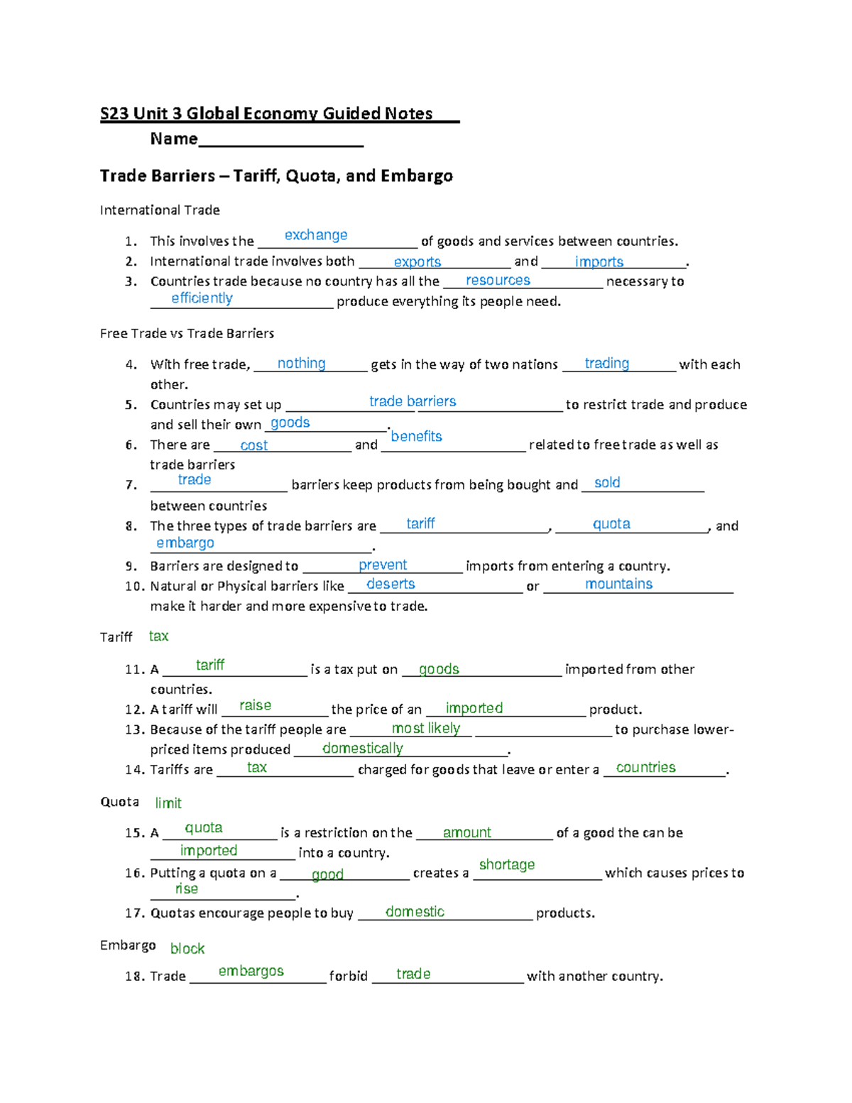 S23 Unit 3 Global Economy Guided Notes: Trade Barriers Explained - Studocu