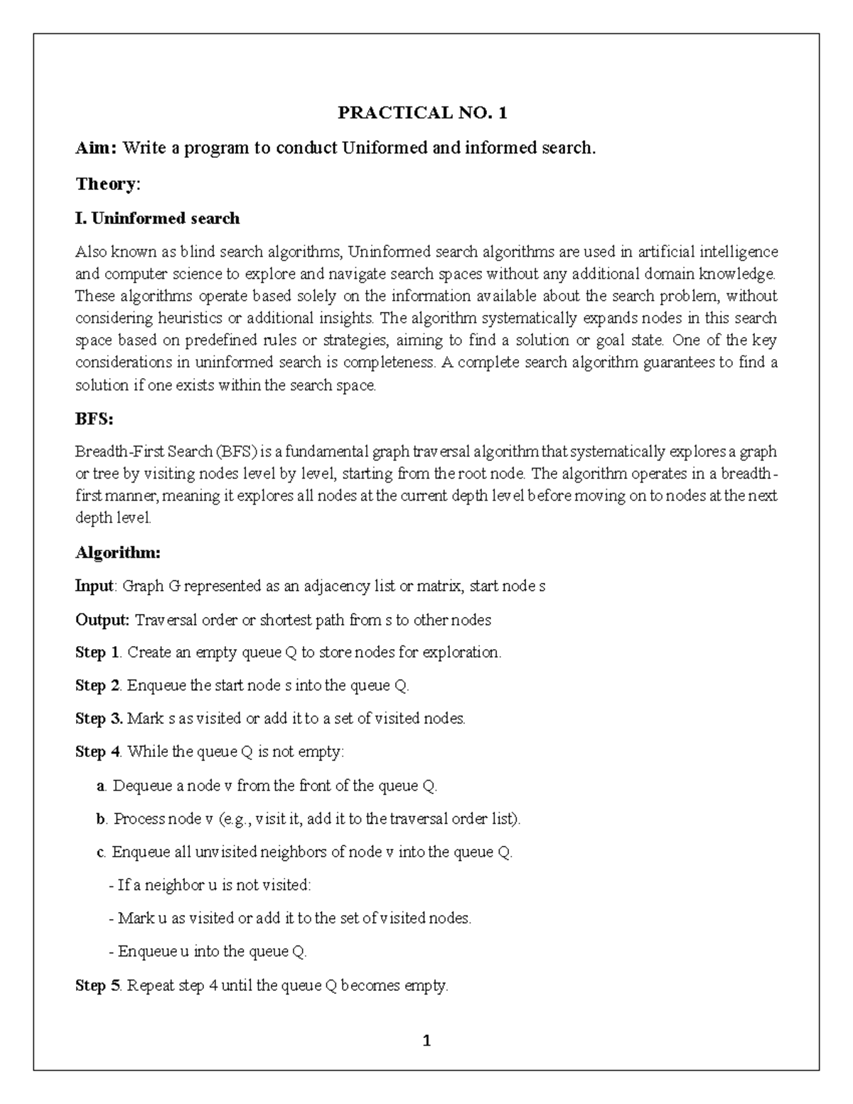 AI Lab Manual: Uninformed & Informed Search Techniques - Studocu