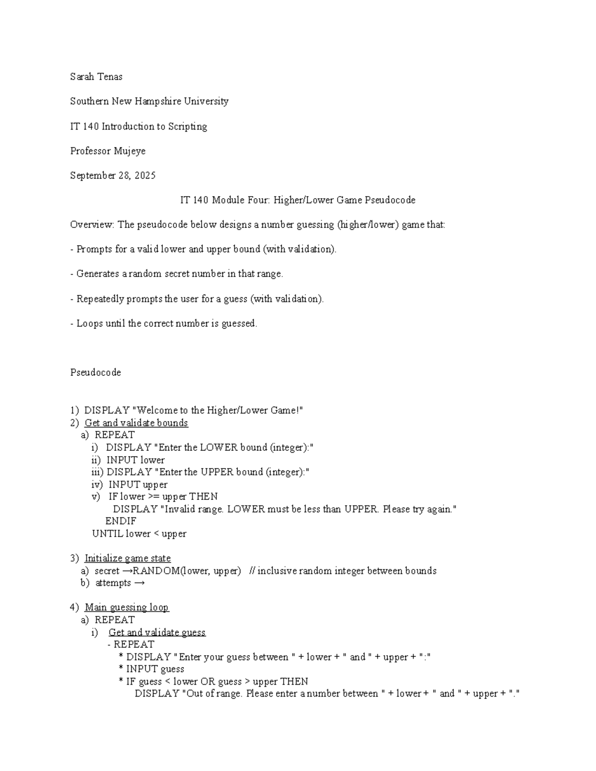 IT 140 Module 4: Pseudocode for Number Guessing Game - Studocu