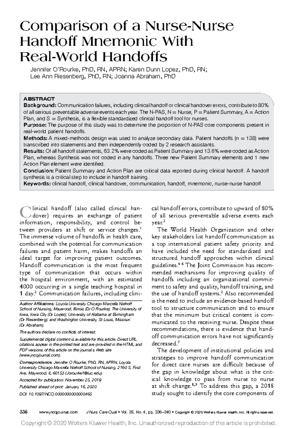 Comparison of the N-PAS Handoff Tool with Real-World Nurse Handoffs ...