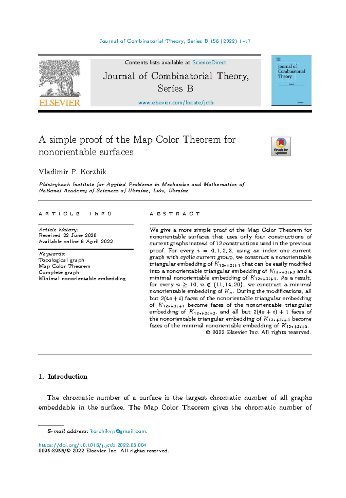 A Simple Proof of the Map Color Theorem for Nonorientable Surfaces ...