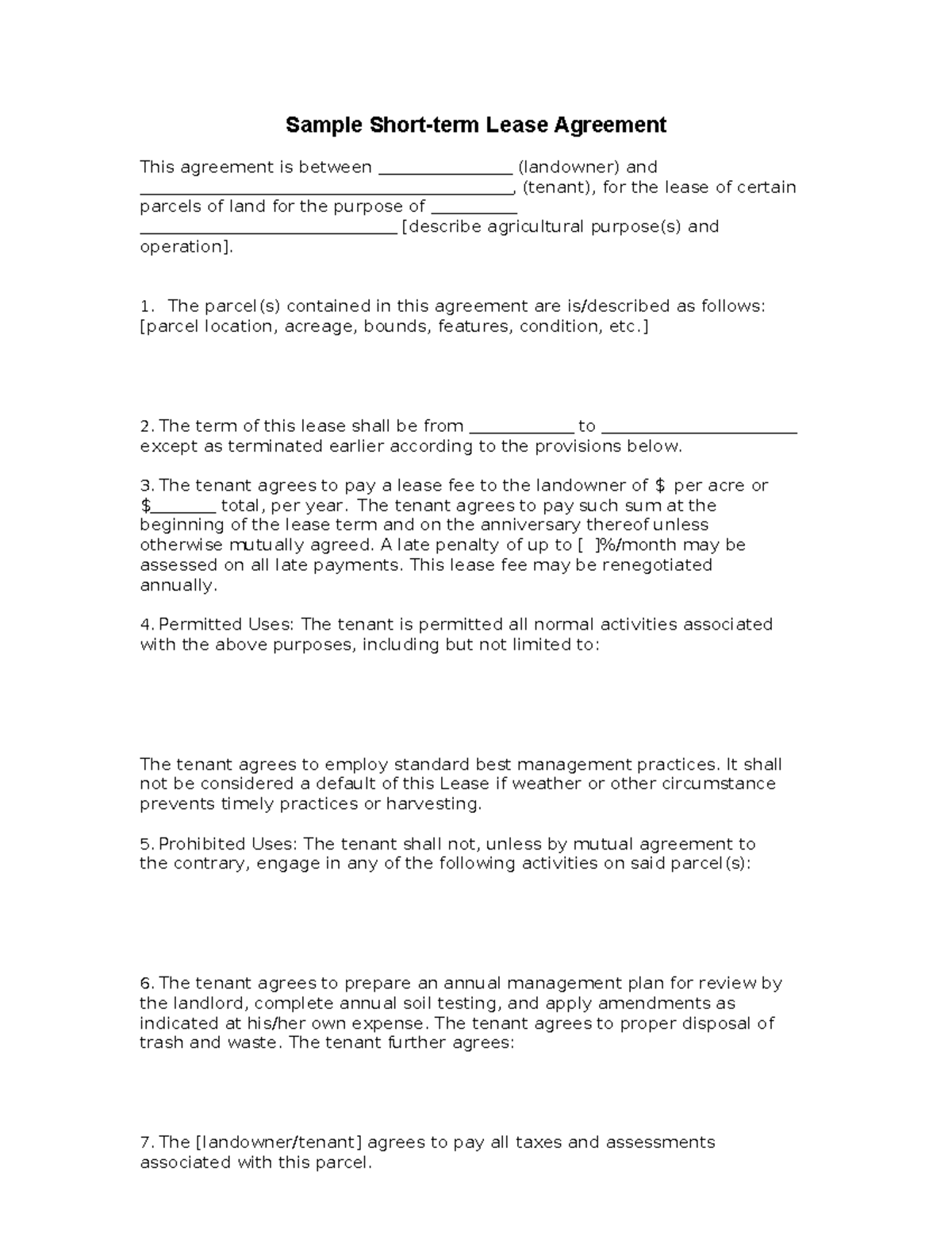 Sample Short Term Lease - Sample Short-term Lease Agreement This agreement is between (landowner ...