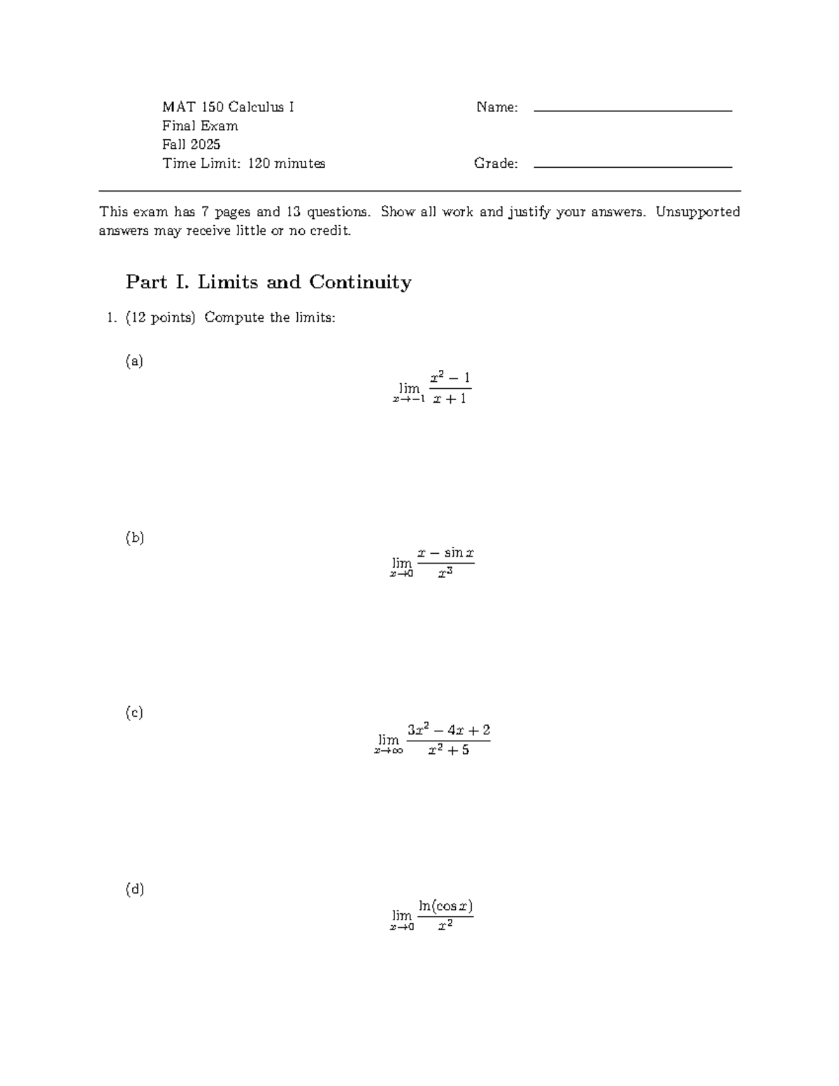 MAT 150 Calculus I Final Exam Review - Fall 2025 - Studocu