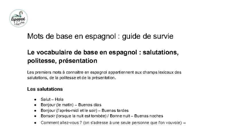 Mots de base en espagnol : guide de survie pas à pas - Studocu