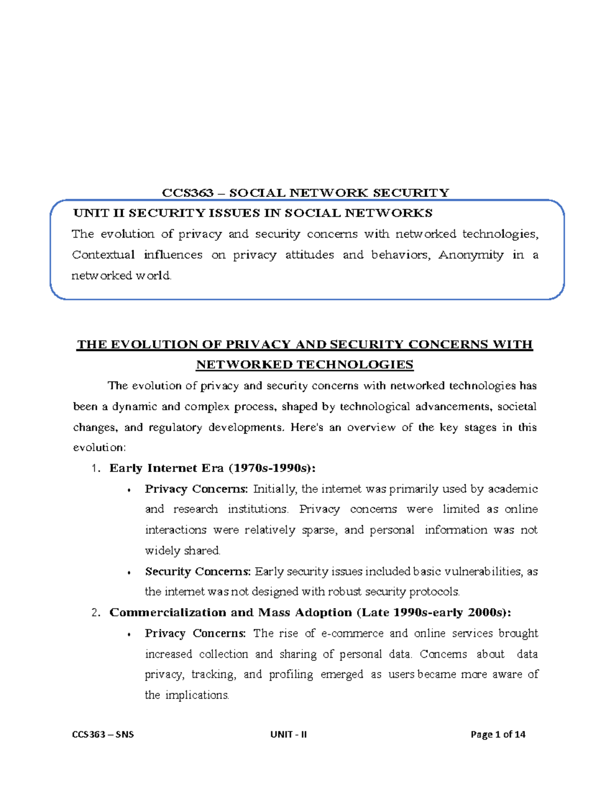 CCS363 - SNS - Unit II: Security Issues and Anonymity in Networks - Studocu