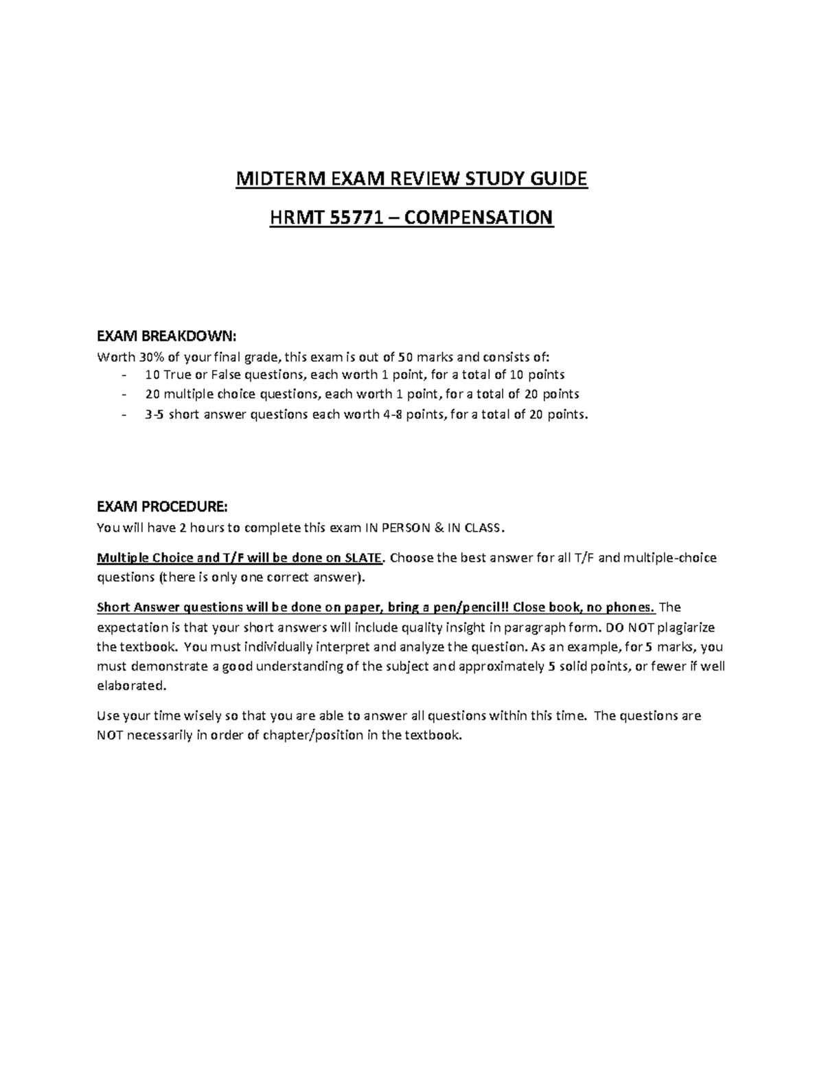 HRMT 55771 - Midterm Exam Review - F23 - MIDTERM EXAM REVIEW STUDY ...
