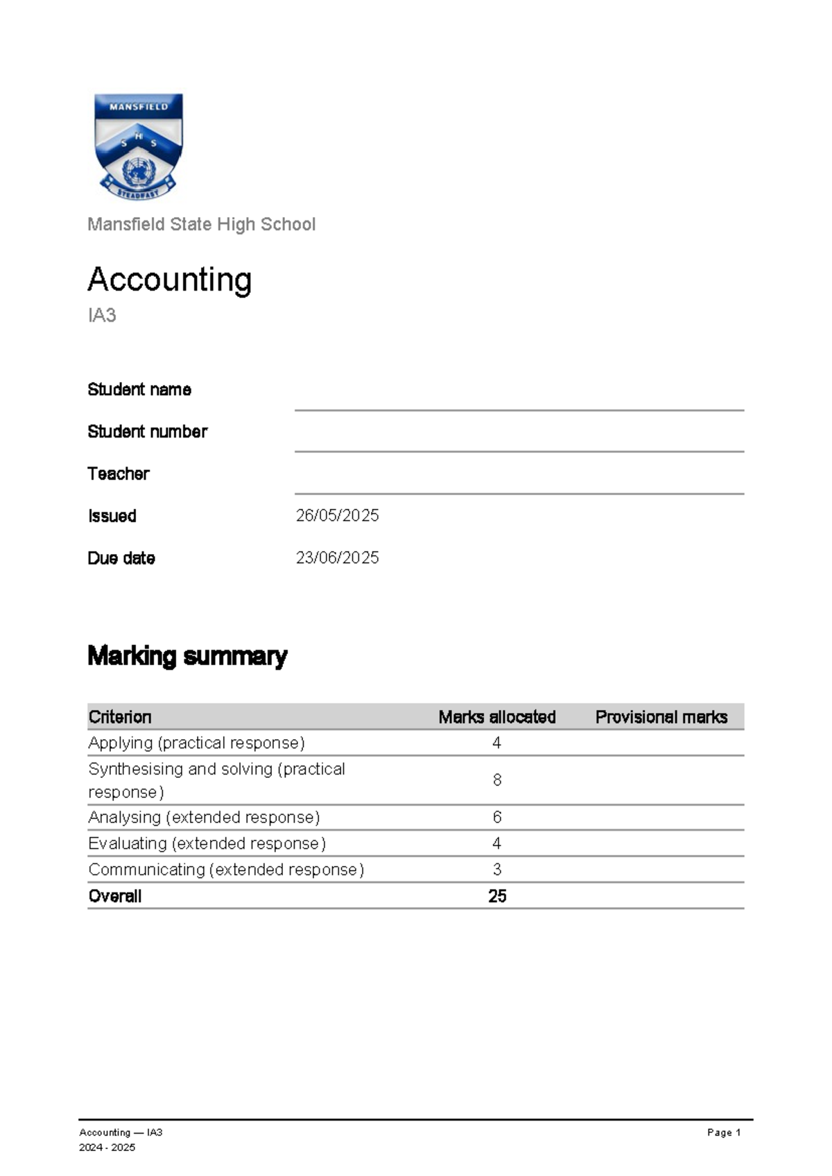 Accounting IA3 Task Sheet: Cash Management Project 2024-2025 - Studocu