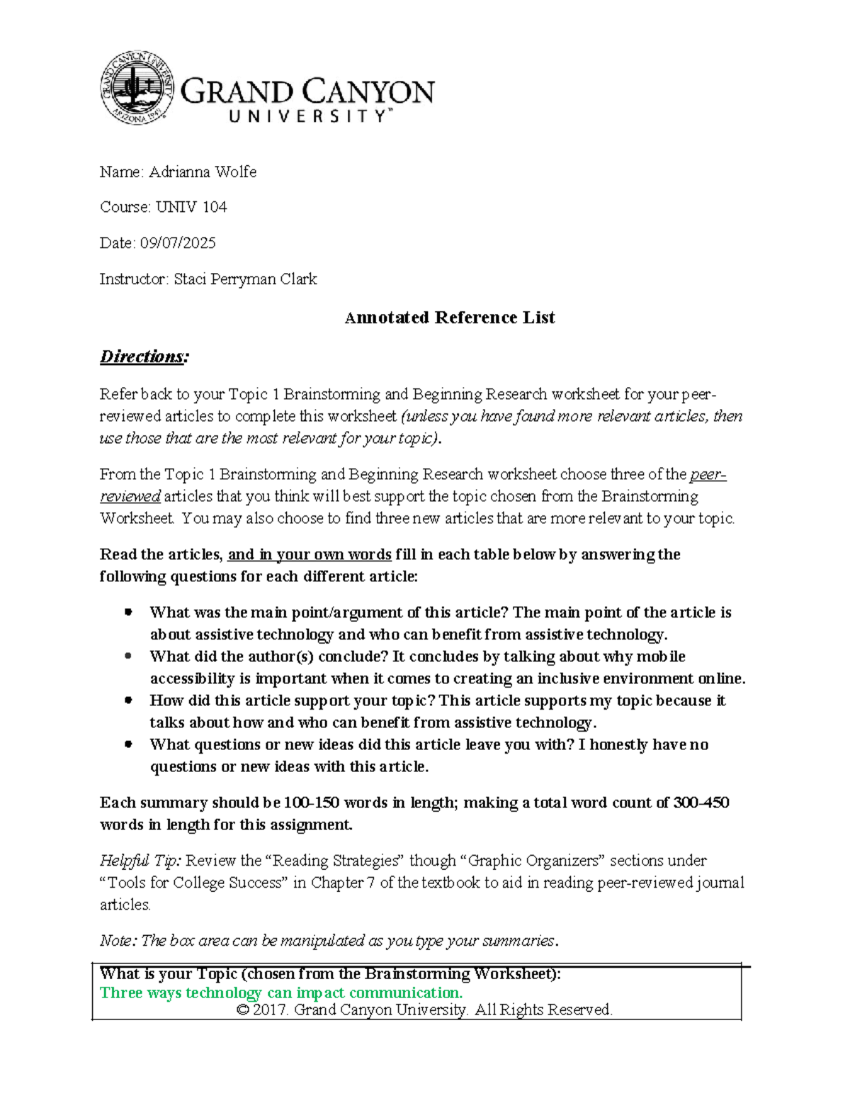 UNIV 104 Final Exam Annotated Reference List on Assistive Technology ...