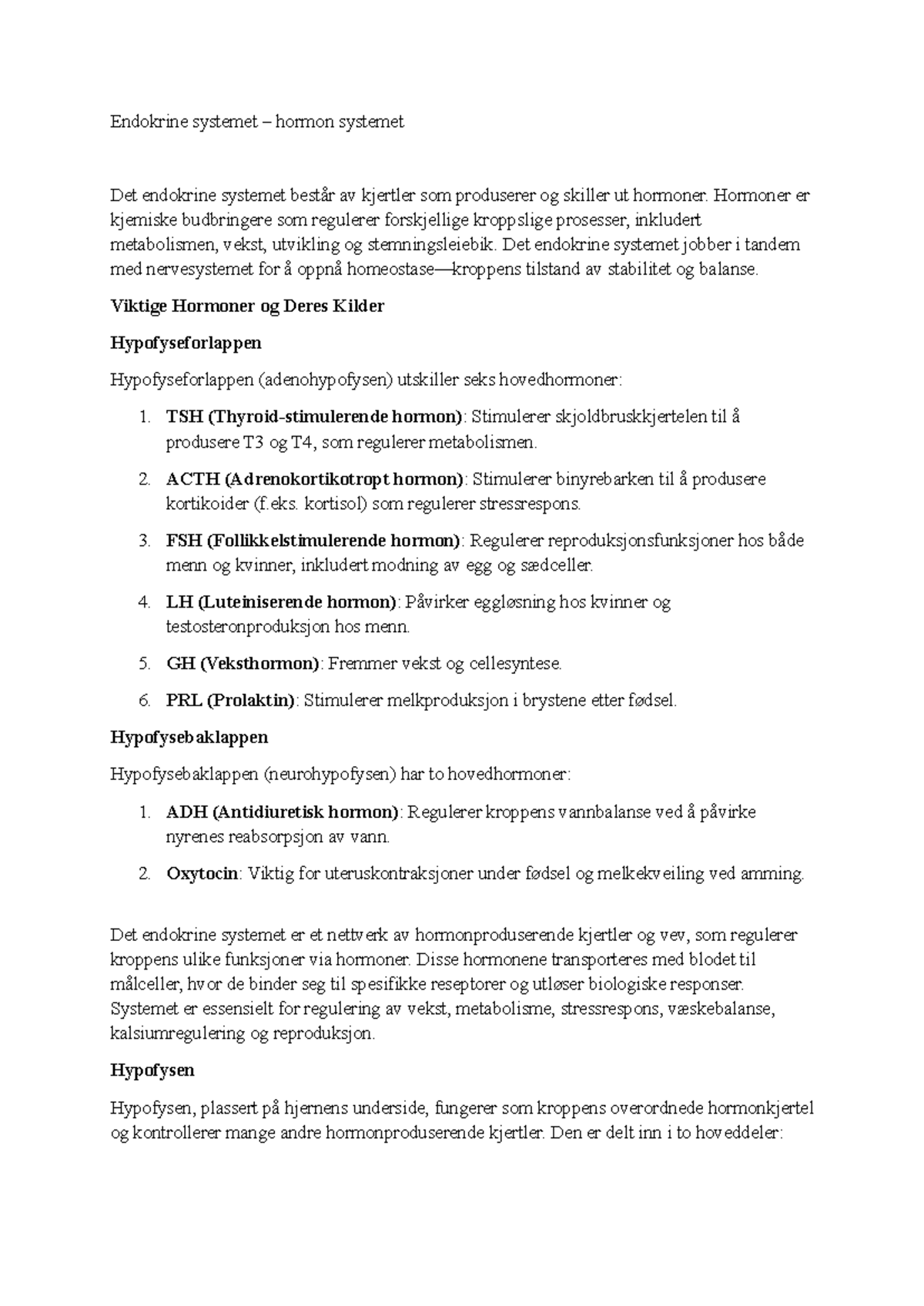 Endokrine systemet: Hormonell regulering og funksjoner - Studocu
