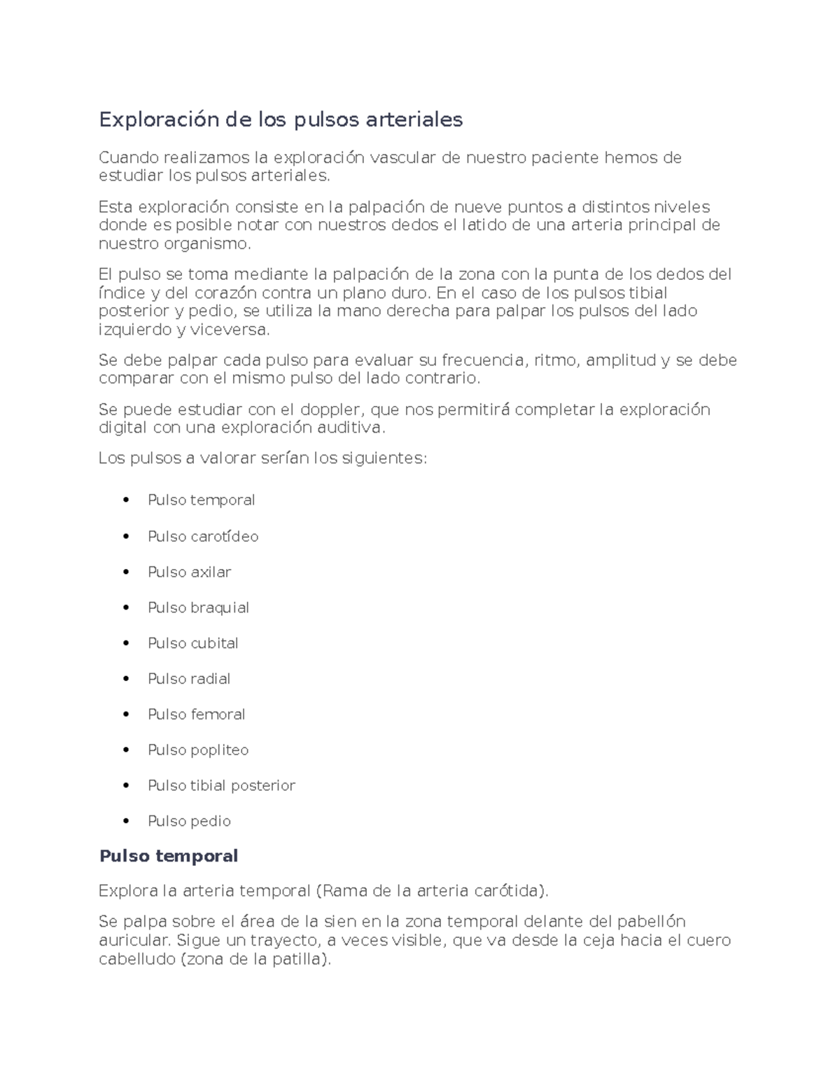 Exploración de los 9 Puntos de Pulso Arterial en Pacientes - Studocu