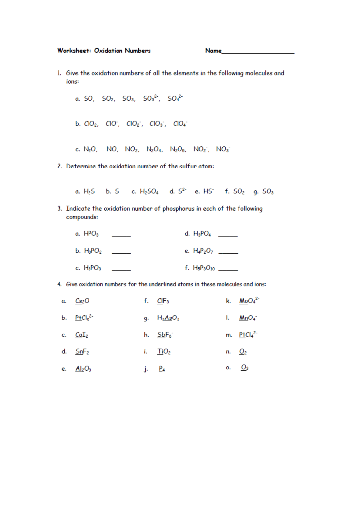 Worksheet: Oxidation Numbers for Molecules and Ions - Studocu