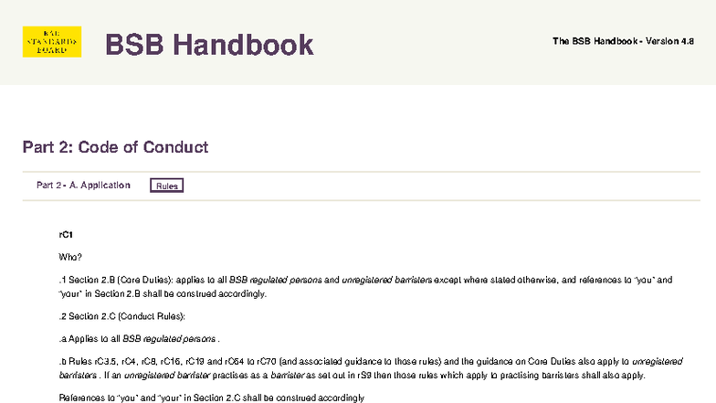 BSB Handbook V4.8: Code of Conduct - Part 2 Overview and Rules - Studocu