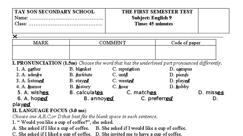 Đề Kiểm Tra Học Kỳ 1 Môn Tiếng Anh 9 - THCS Tây Sơn (2020-2021) - Studocu