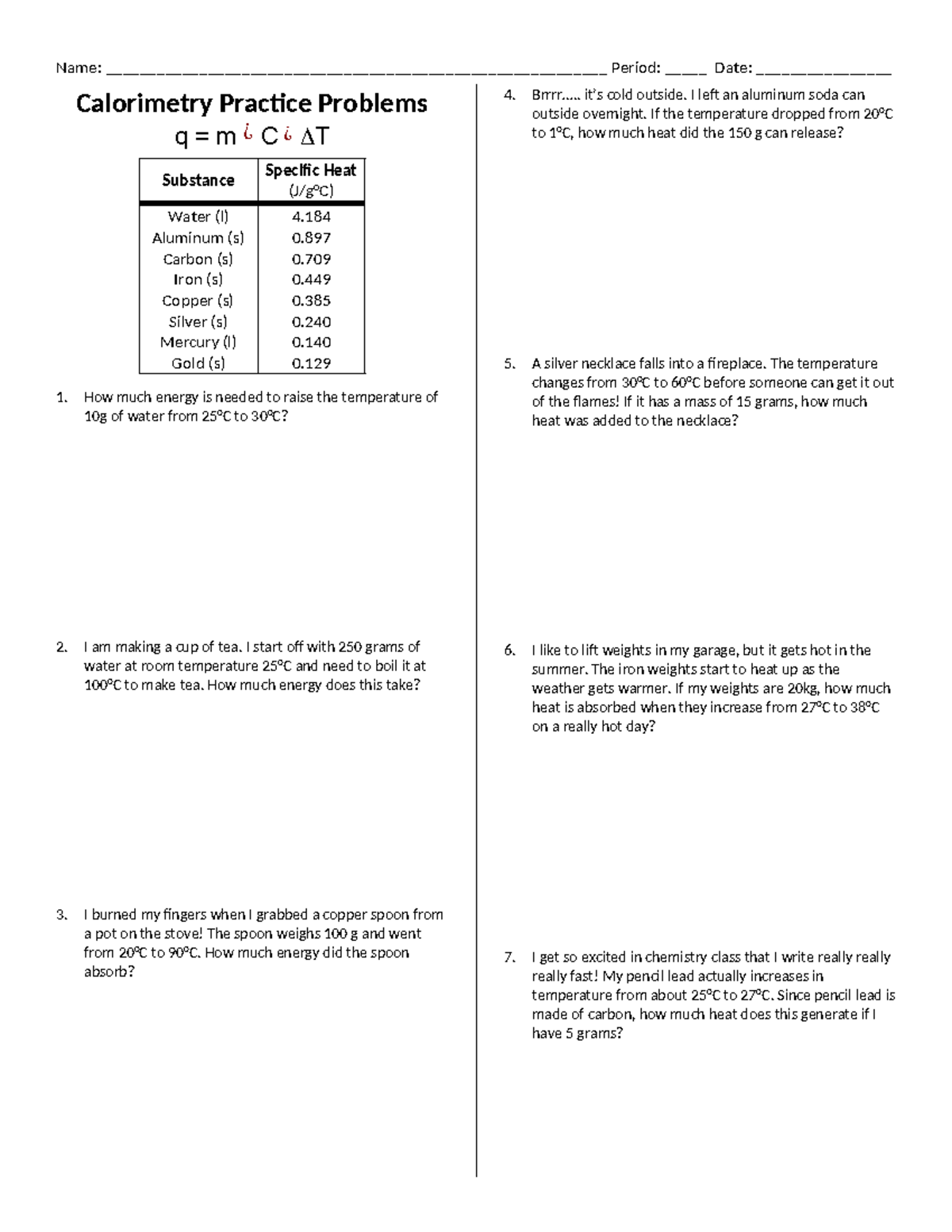 Calorimetry Practice Problems - Name