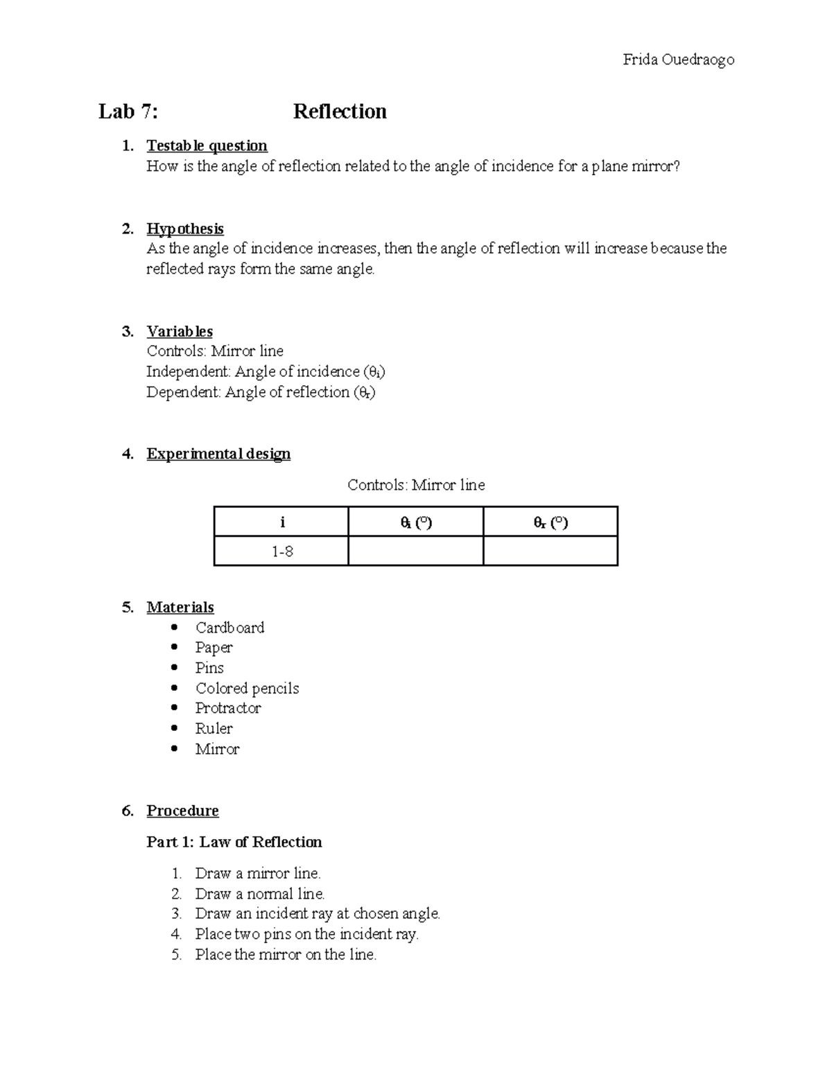 Lab 7 - Reflection and Angle Relationship Experiment - Studocu