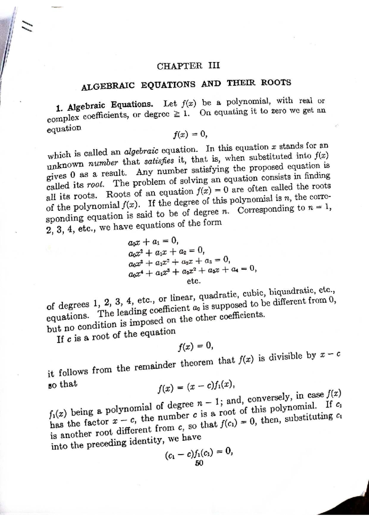 CHAPTER: ALGEBRAIC EQUATIONS AND THEIR ROOTS 1 - Overview and Examples ...