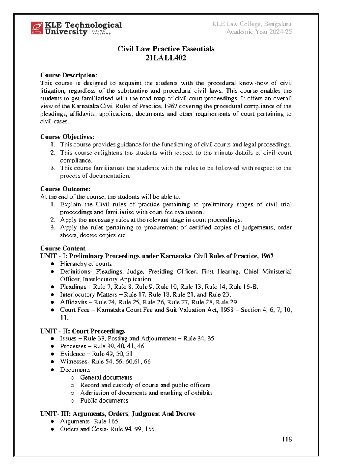 B.A.LL.B. Civil Law Practice Essentials Syllabus 21LALL - 2024-25 - Studocu