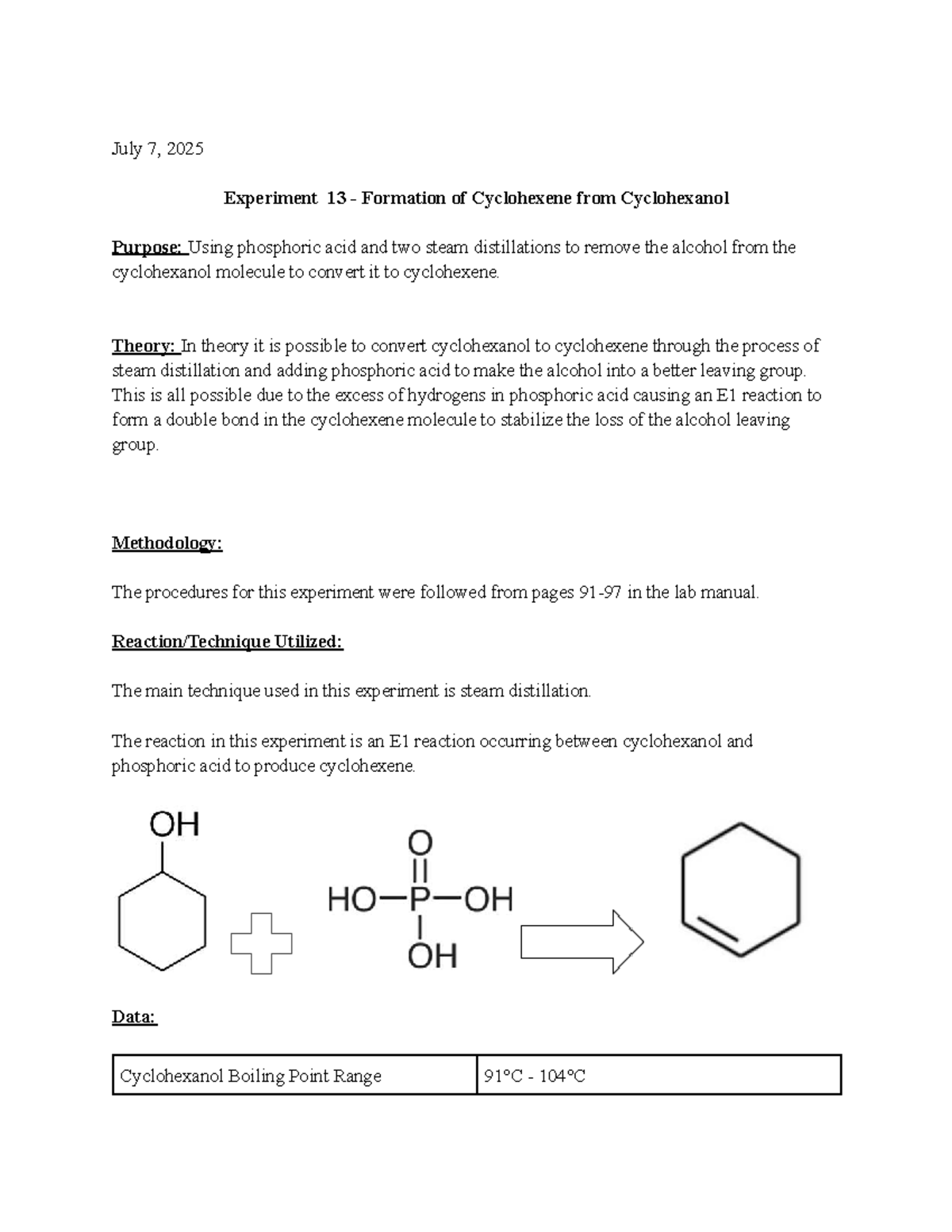 Experiment 13: Formation of Cyclohexene from Cyclohexanol Lab Report - Studocu
