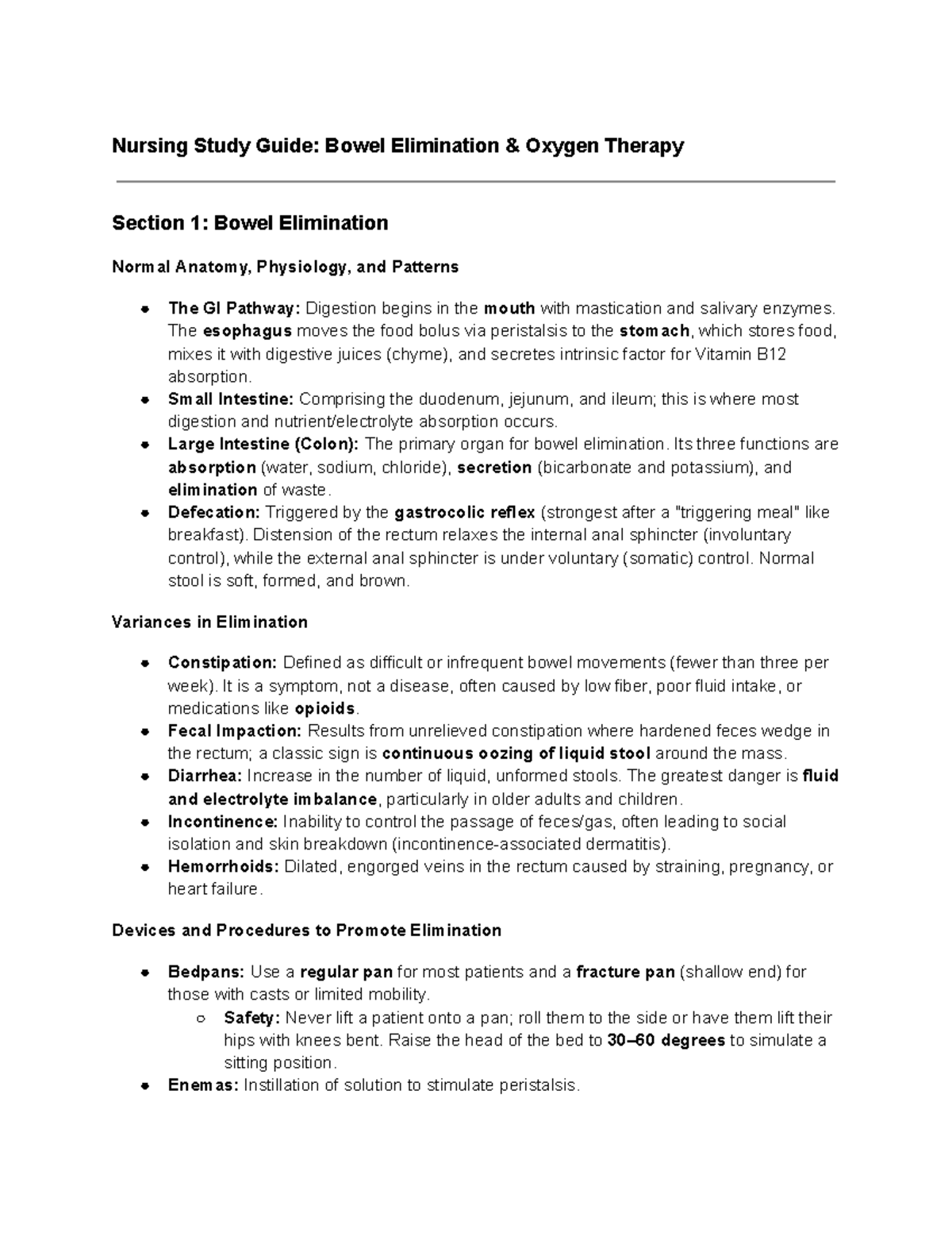 Nursing Study Guide: Bowel Elimination & Oxygen Therapy (NURS 101 ...