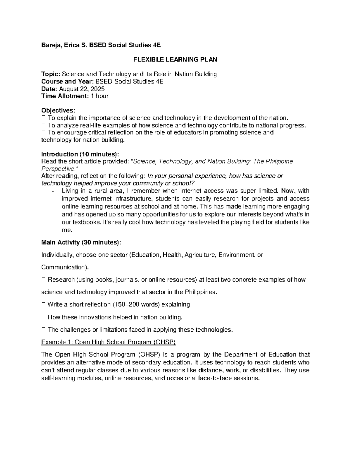 BSED Social Studies 4E: Flexible Learning Plan on Science & Tech in ...