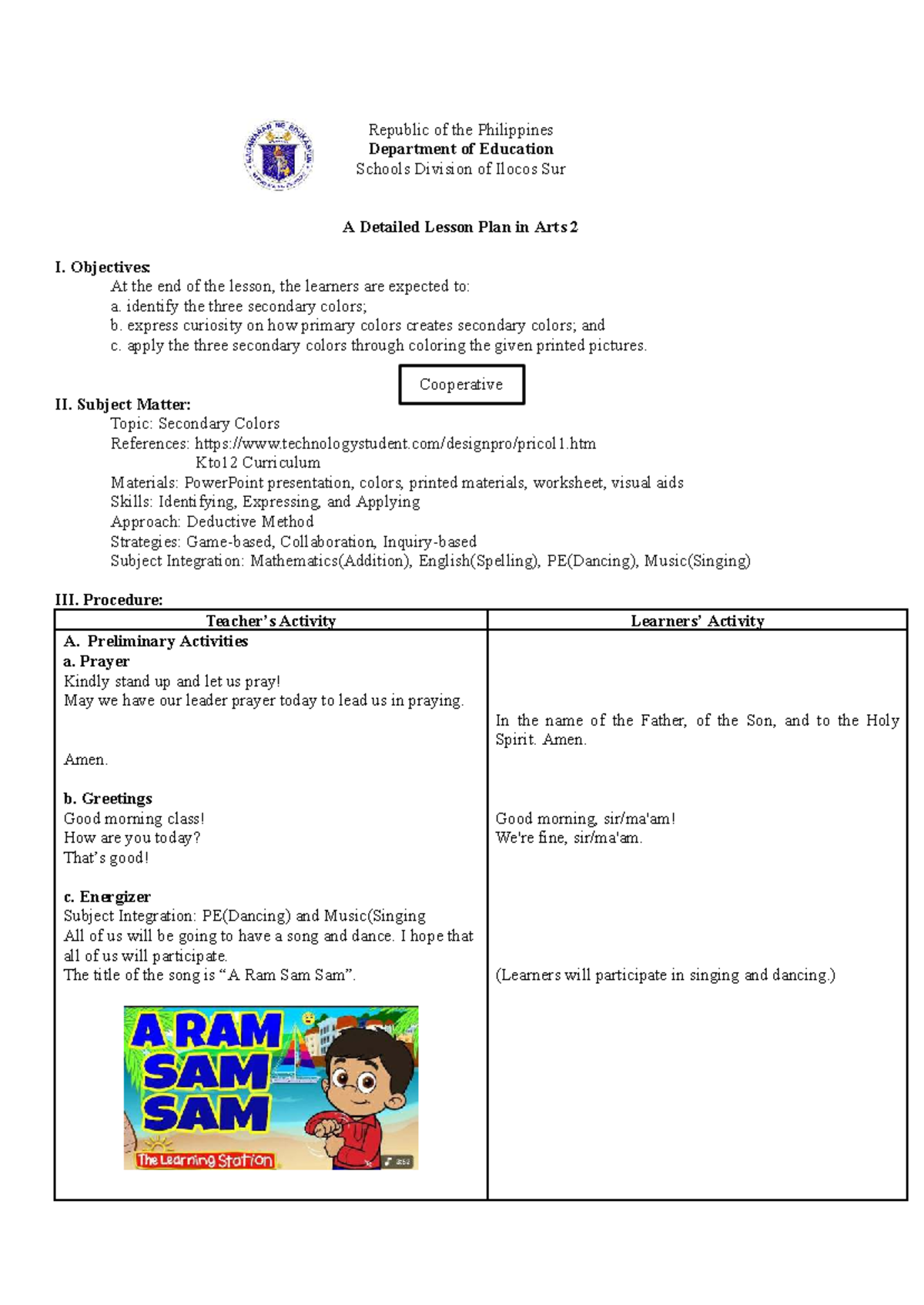 A Detailed Lesson Plan in Arts 2: Exploring Secondary Colors - Studocu