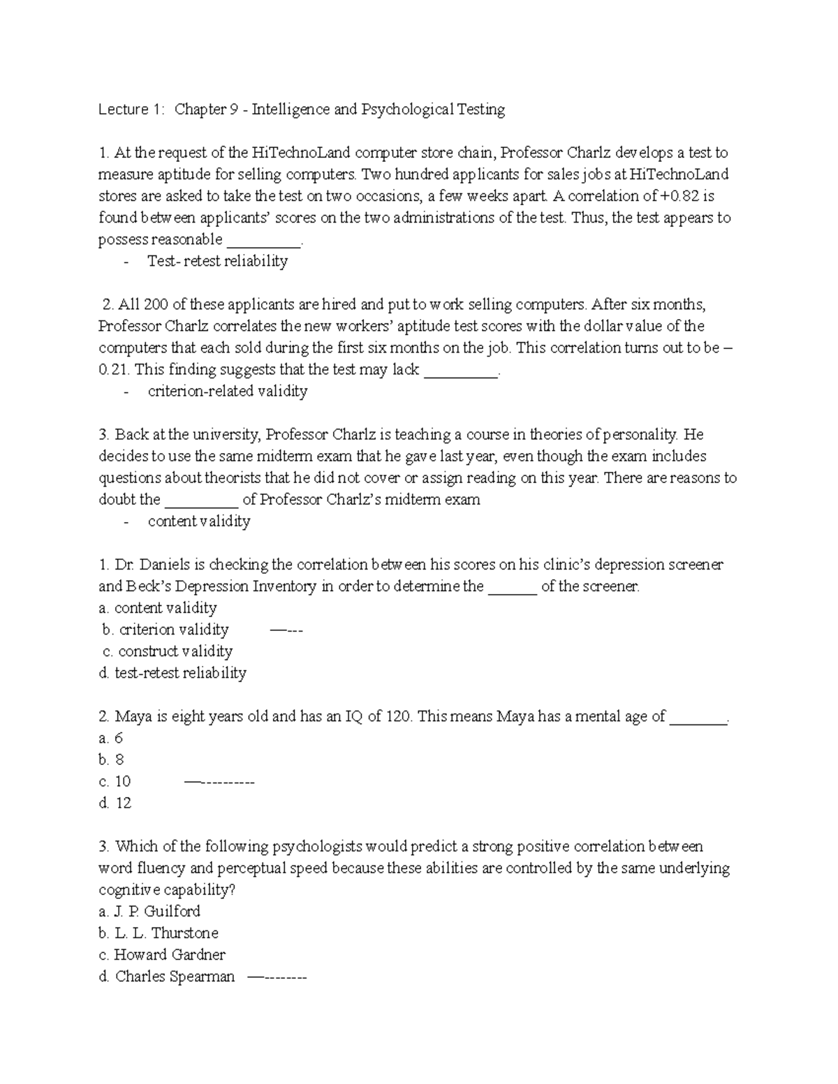 Chapter 9 and 10 Practice questions - Lecture 1: Chapter 9 ...