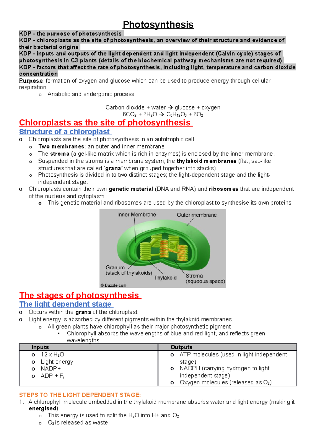 Biology UNIT 3 AOS 2 NOTES - Photosynthesis KDP - the purpose of ...