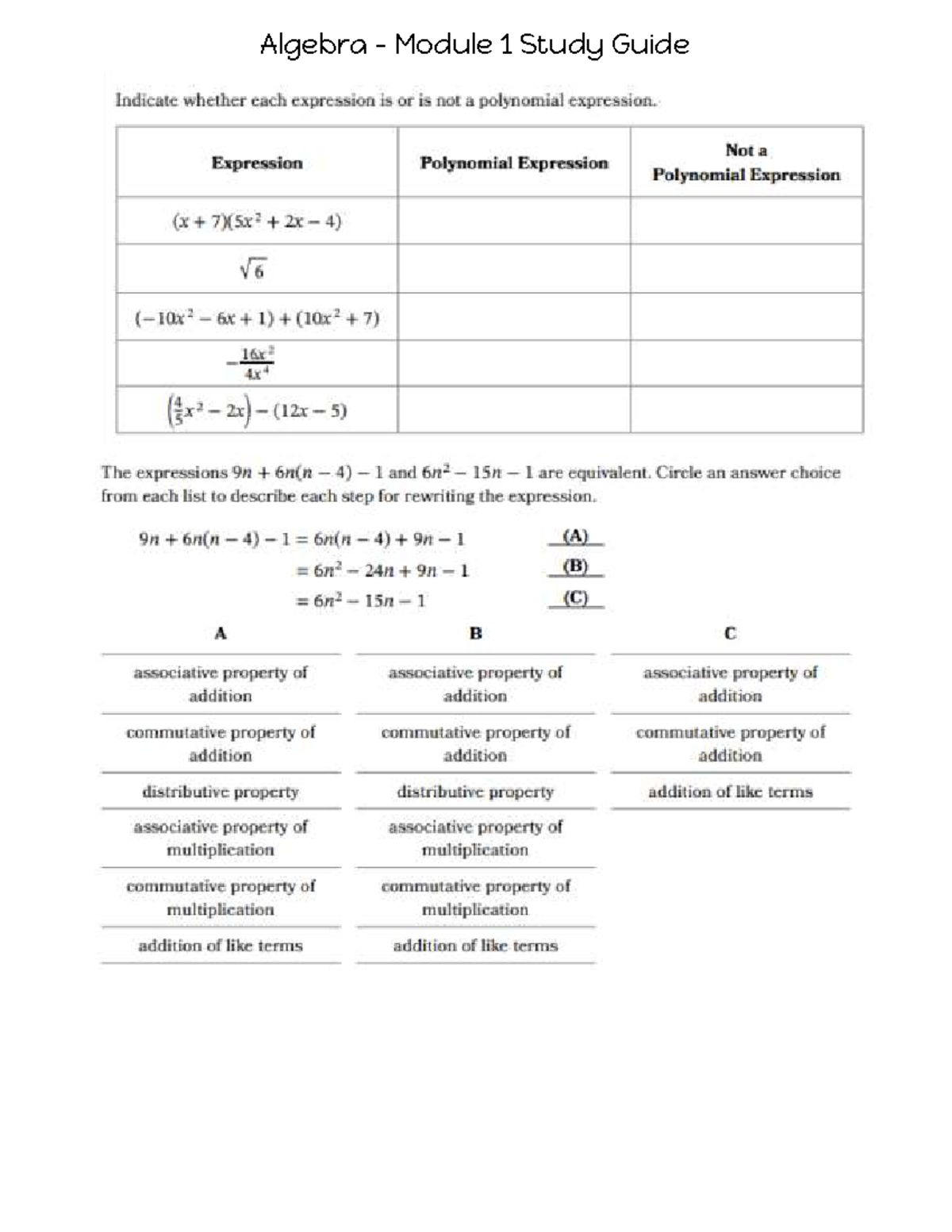 Algebra - Module 1 Study Guide for Exam Prep - Studocu
