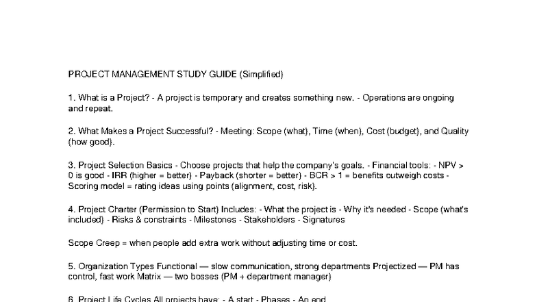 PROJECT MANAGEMENT STUDY GUIDE (PM 101) - Key Concepts & Techniques - Studocu
