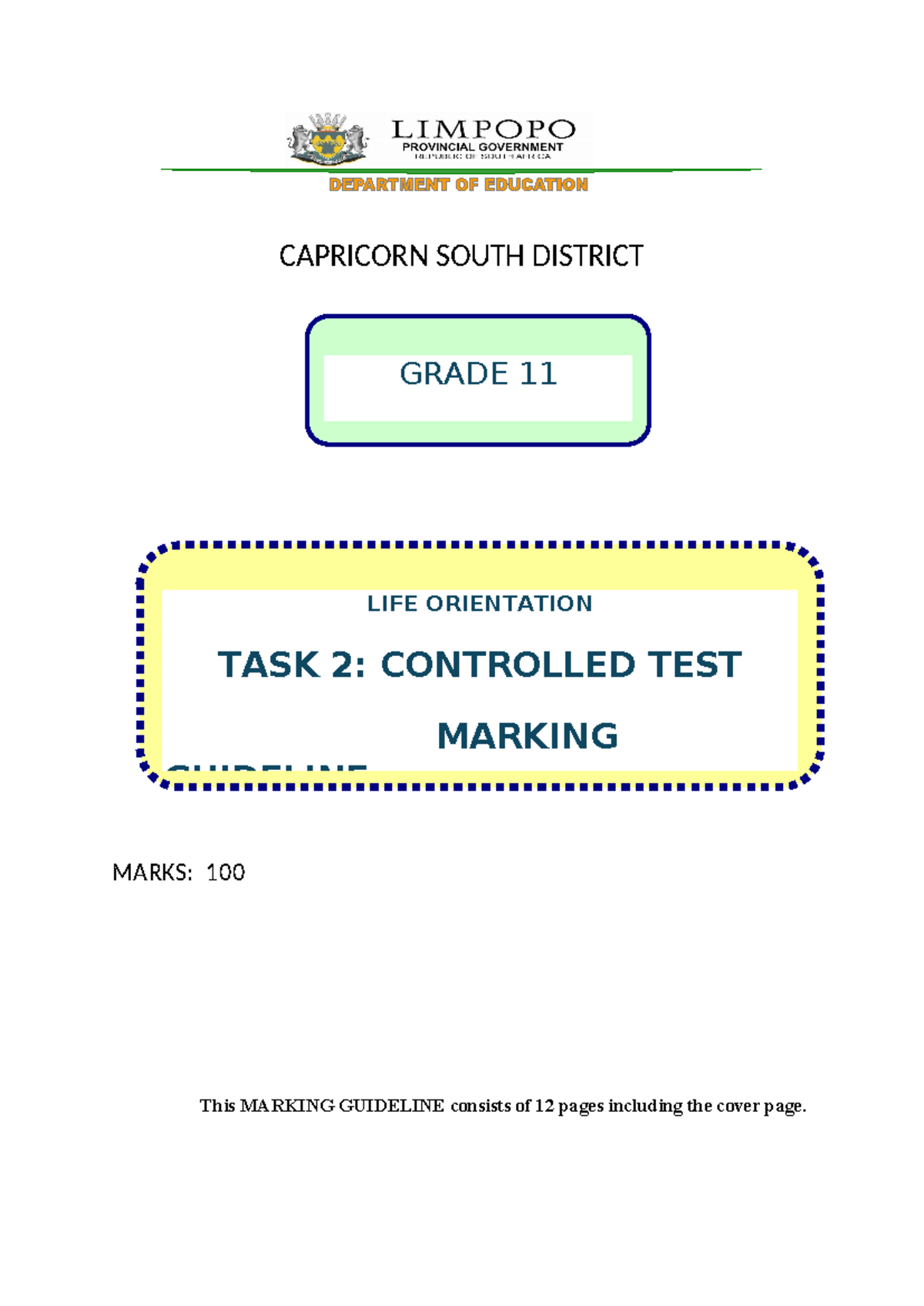 Grade 11 LIFE Orientation Controlled Test Marking Guidelines - Studocu