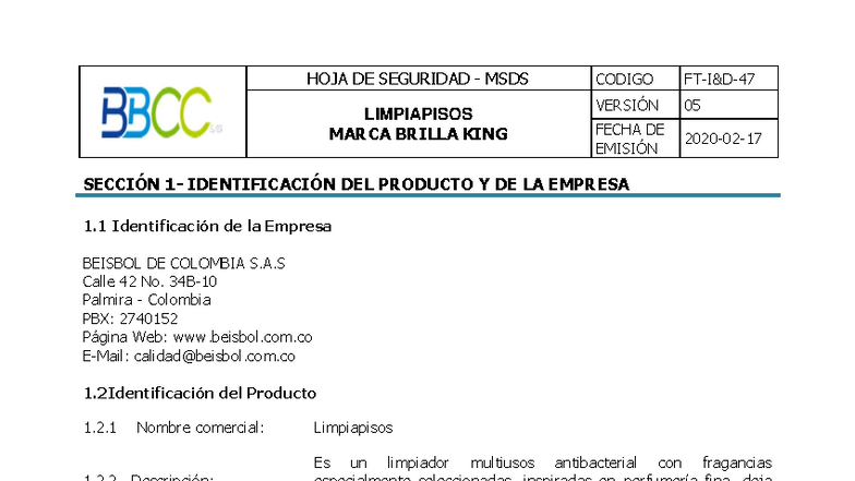 HOJA DE SEGURIDAD MSDS LIMPIAPISOS BRILLA KING V05 - Studocu