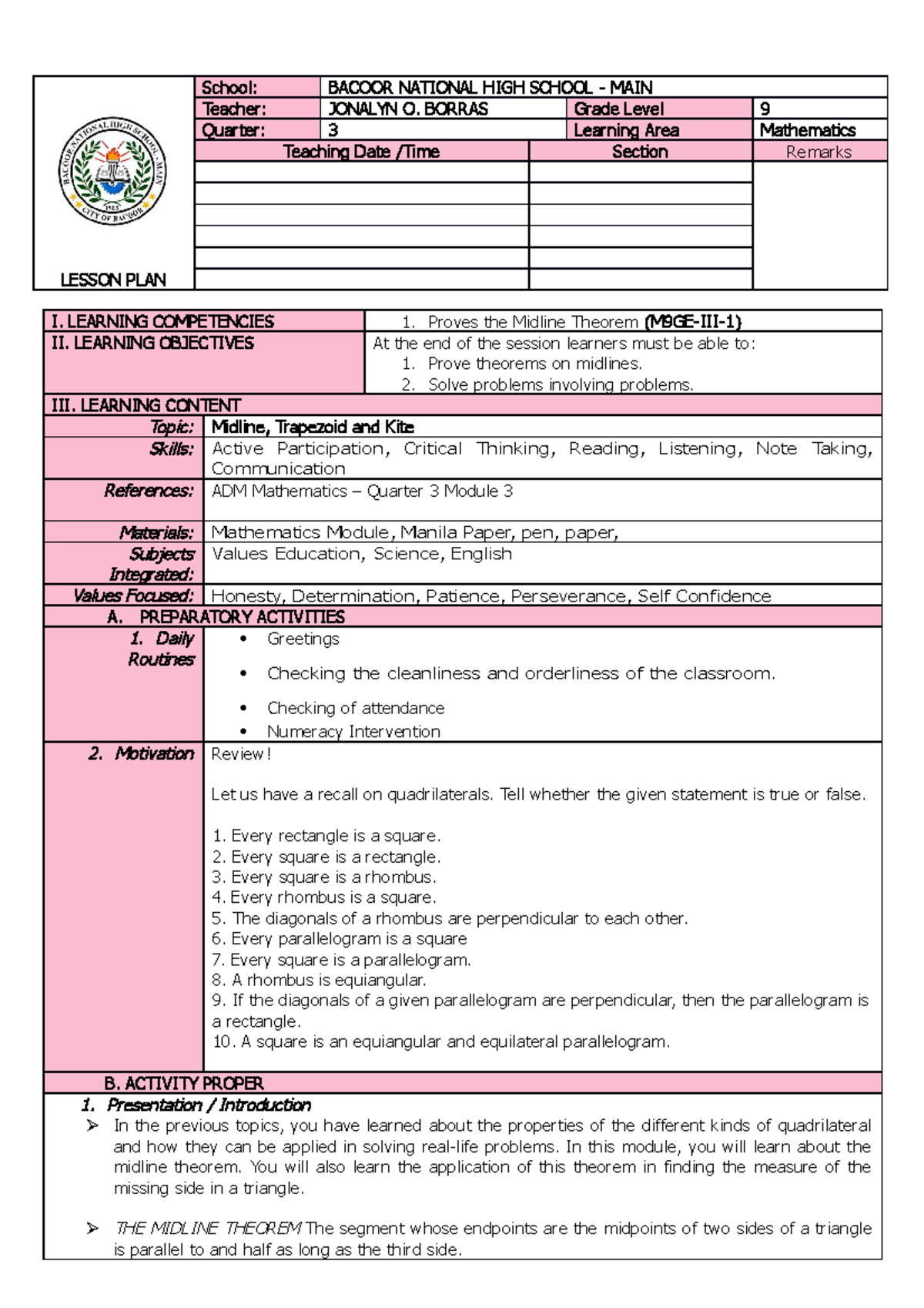 Midline Theorem Lesson Plan - Math for Grade 9 (M9GE-III-1) - Studocu