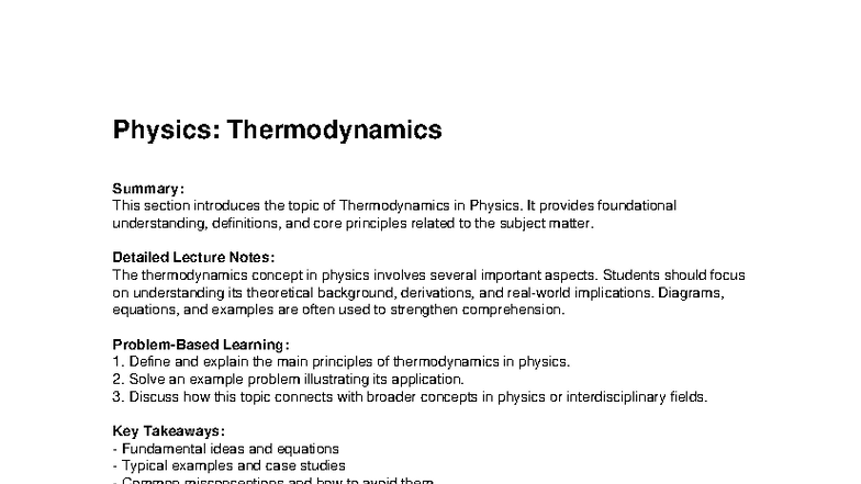Physics 028: Thermodynamics Lecture Notes and Key Concepts - Studocu