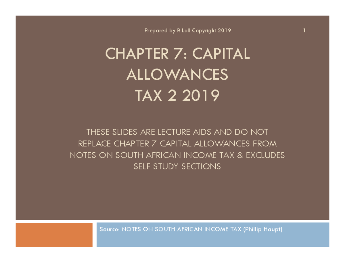 Capital Allowances - Chapter 7 (TAX 1) Lecture Notes 2019 - Studocu