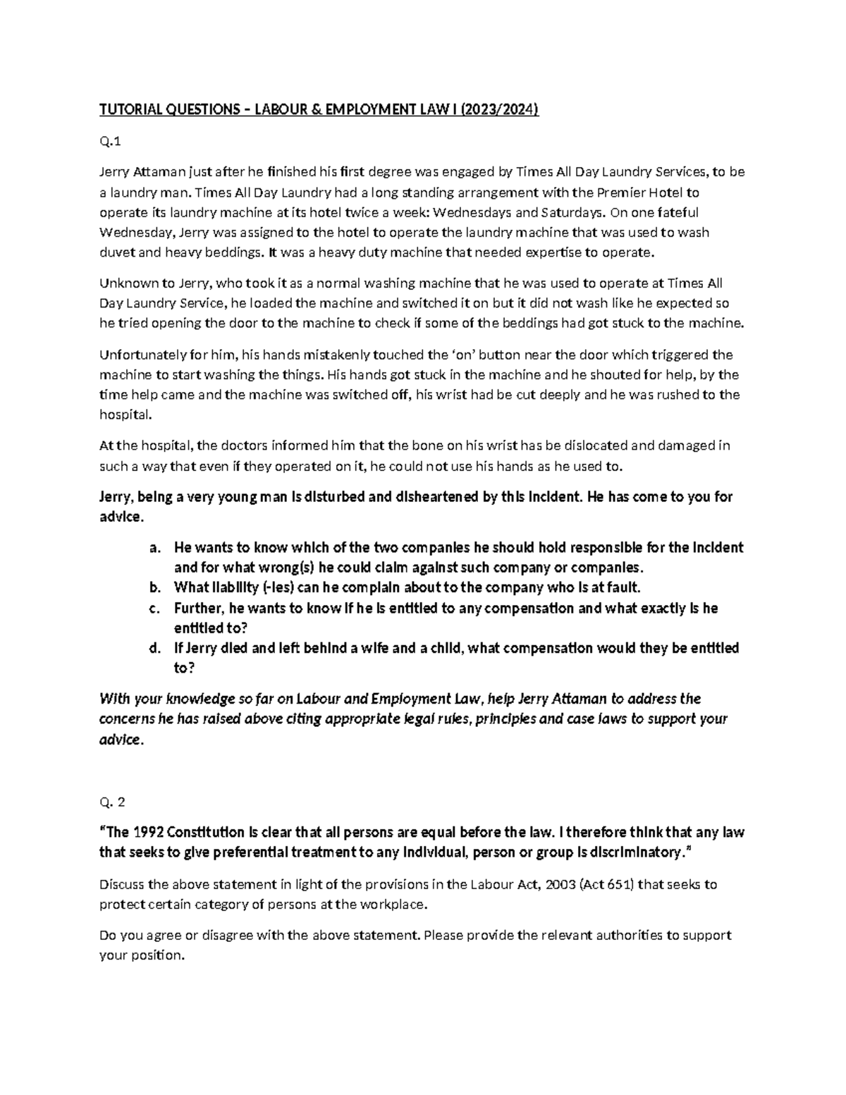 Tutorial Questions - Labour & Employment Law I: Case Analysis ...