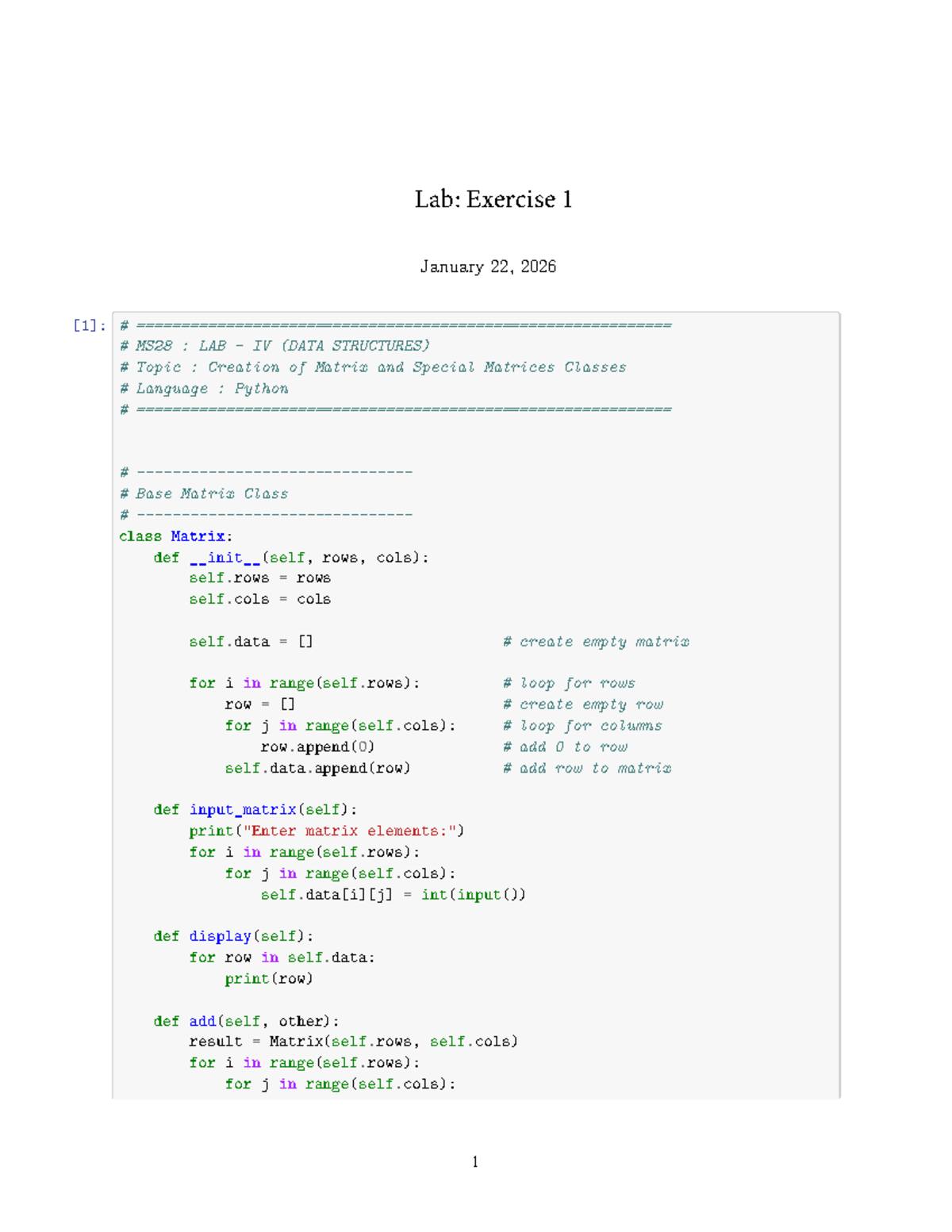 Lab IV (DATA STRUCTURES) - Exercise 1: Matrix Creation in Python - Studocu