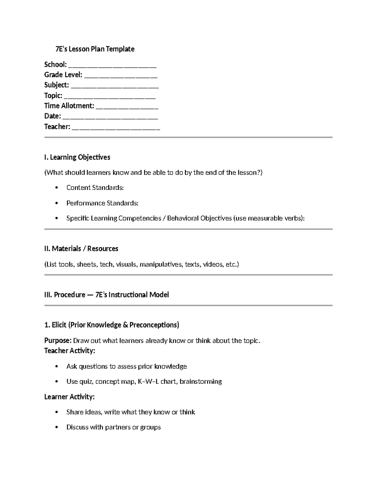 7E's Lesson Plan Template for Effective Teaching Strategies - Studocu
