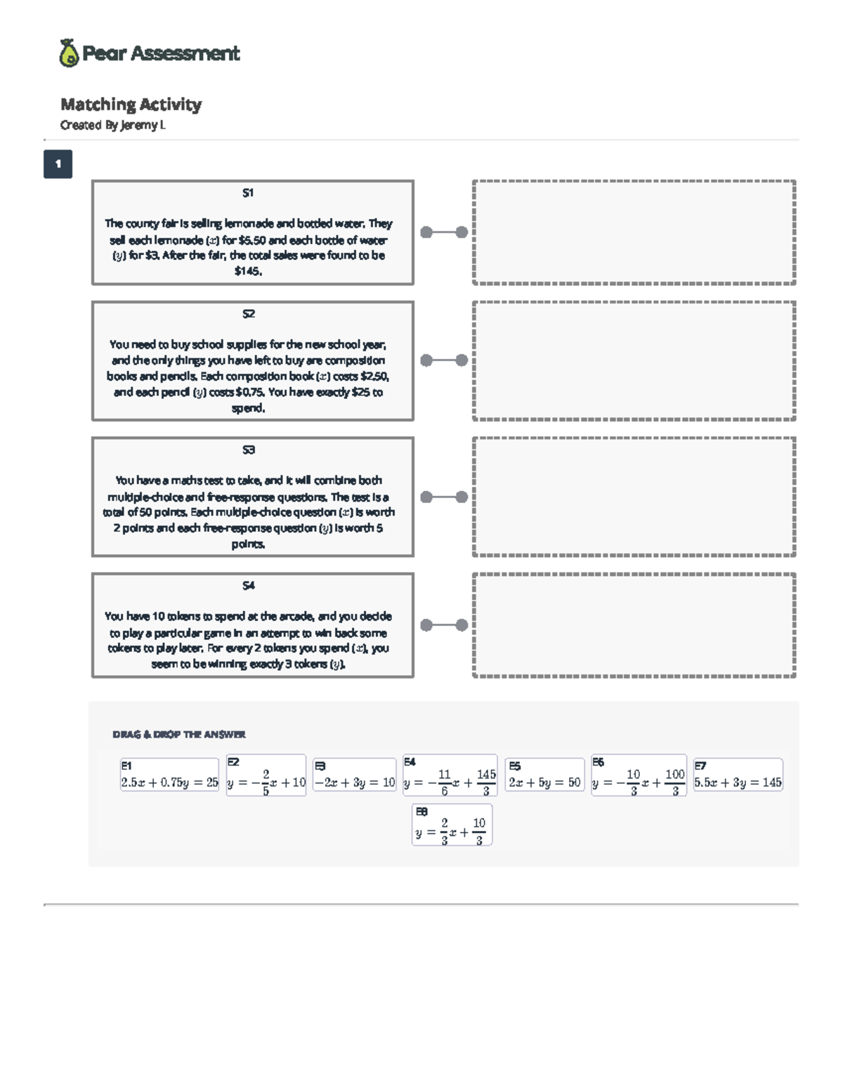 Matching Activity - Lesson 1.16 Contextual Scenarios and Equations ...