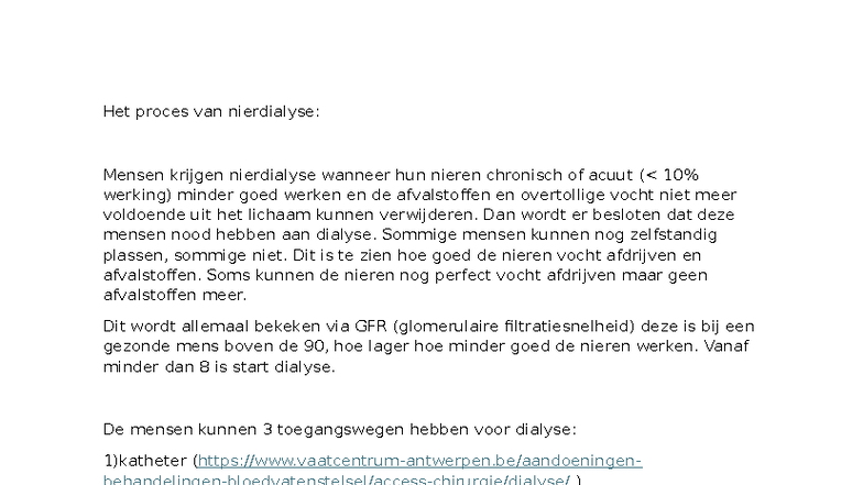 Nierdialyse Proces: Stappen en Procedures voor Patiënten - Studocu