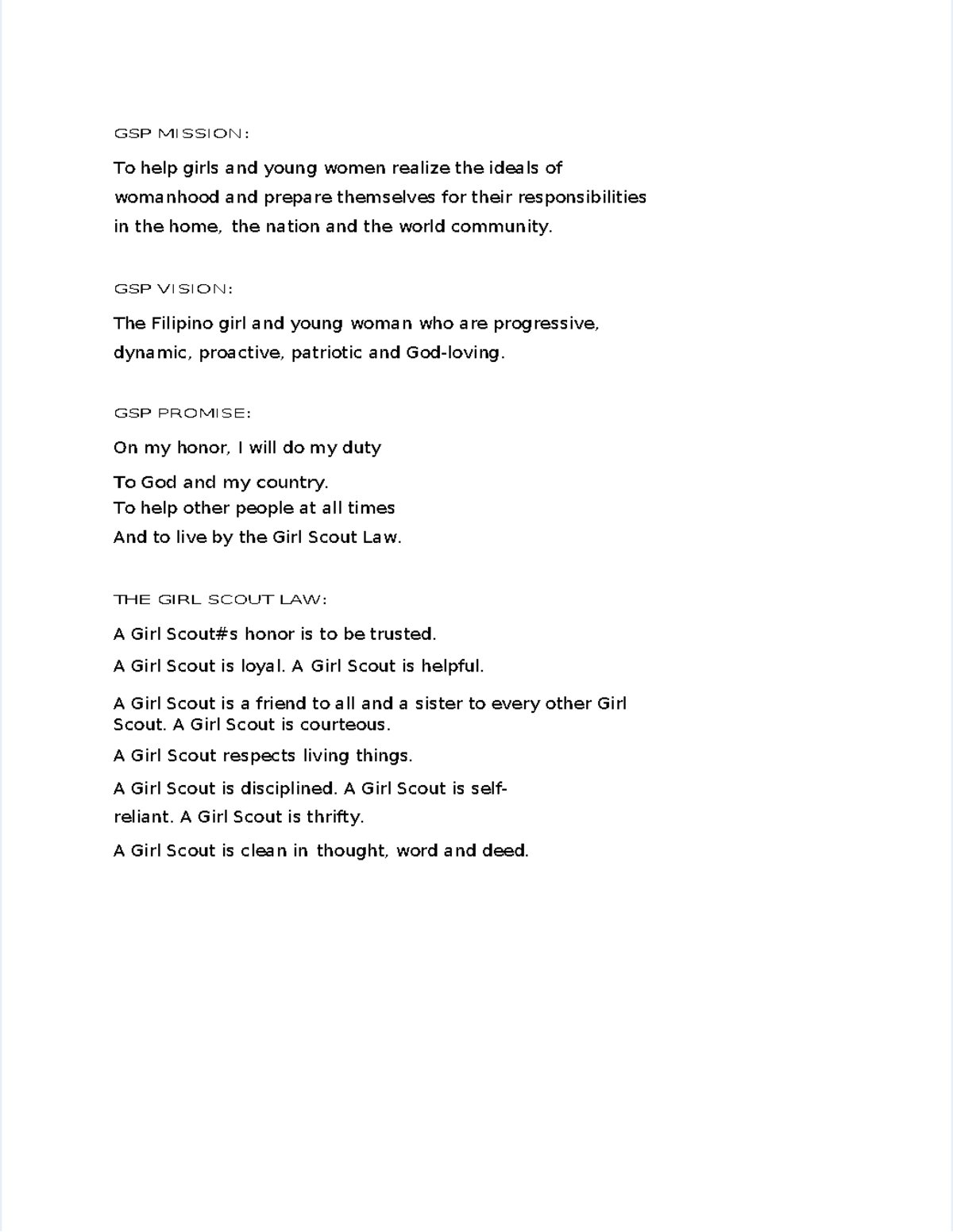 GSP Mission, Vision, Promise & Law Overview Document - Studocu
