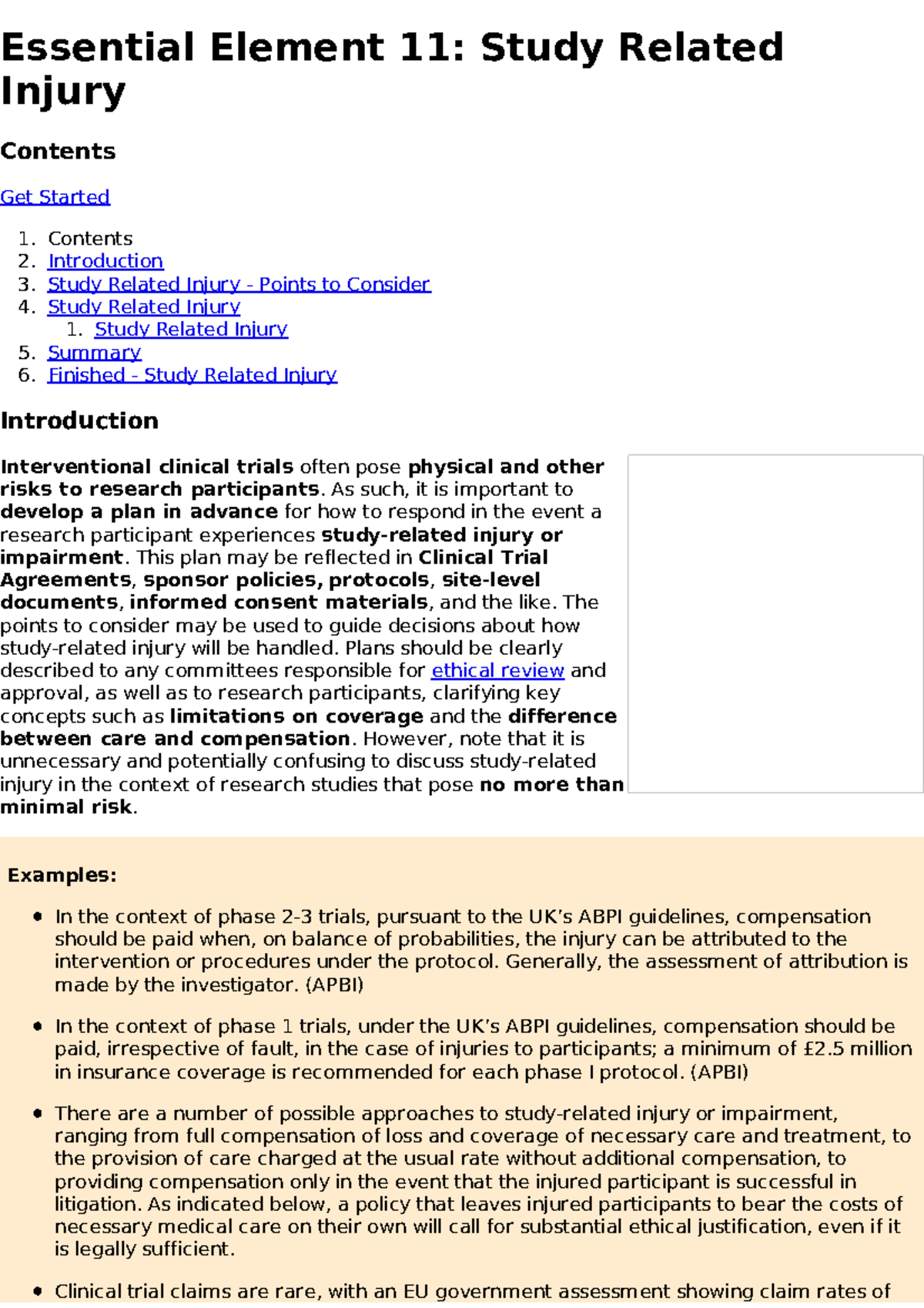 Essential element 11 study related injury - Examples: In the context of ...