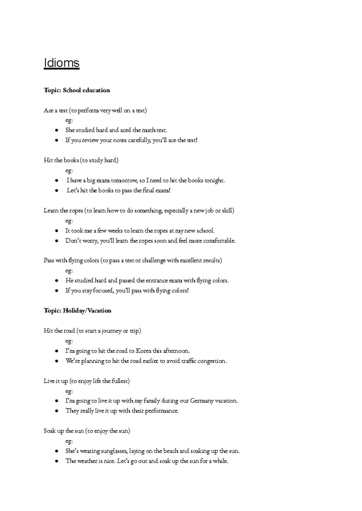 Idioms Study Guide: School Education & Everyday Life - Studocu