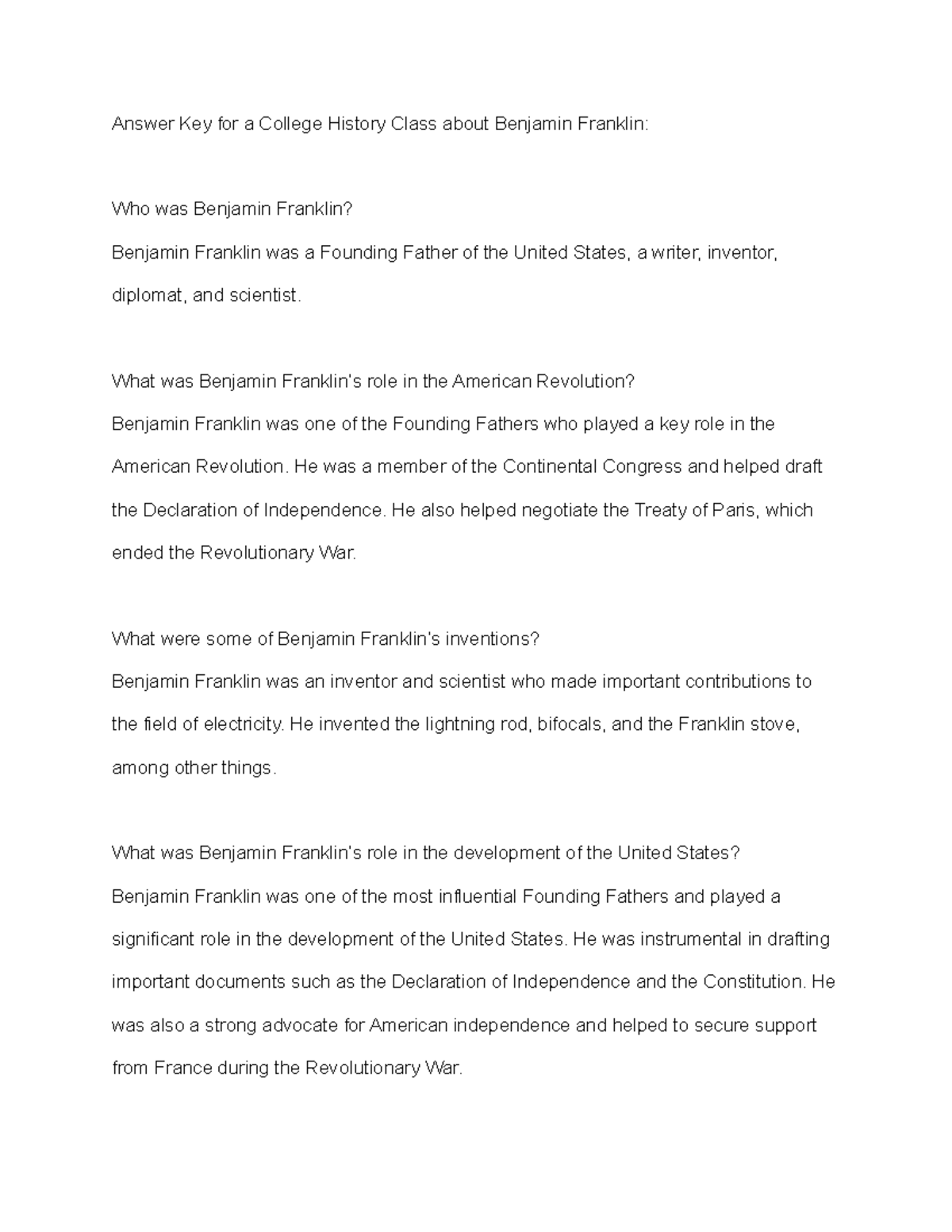 Answer Key for a College History Class about Benjamin Franklin - What ...